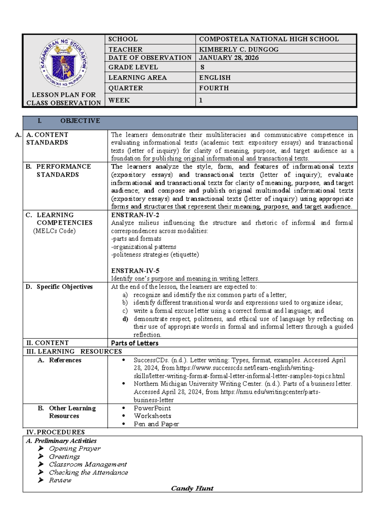 LP Q4W1 D-2: English 8 Lesson Plan on Letter Writing - Studocu