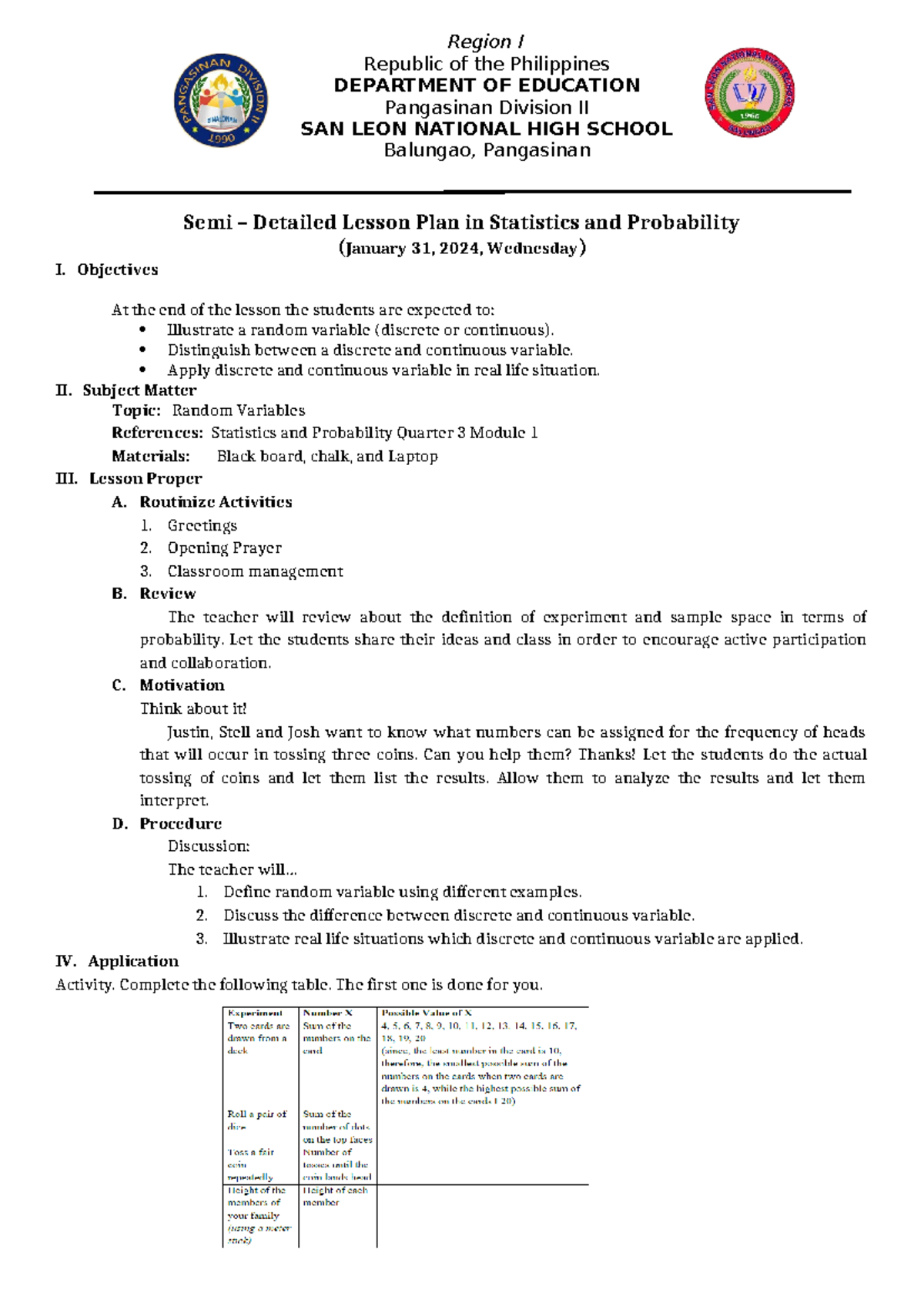 SEMI DETAILED LESSON PLAN: Statistics & Probability (Jan 31 & Feb 2 ...