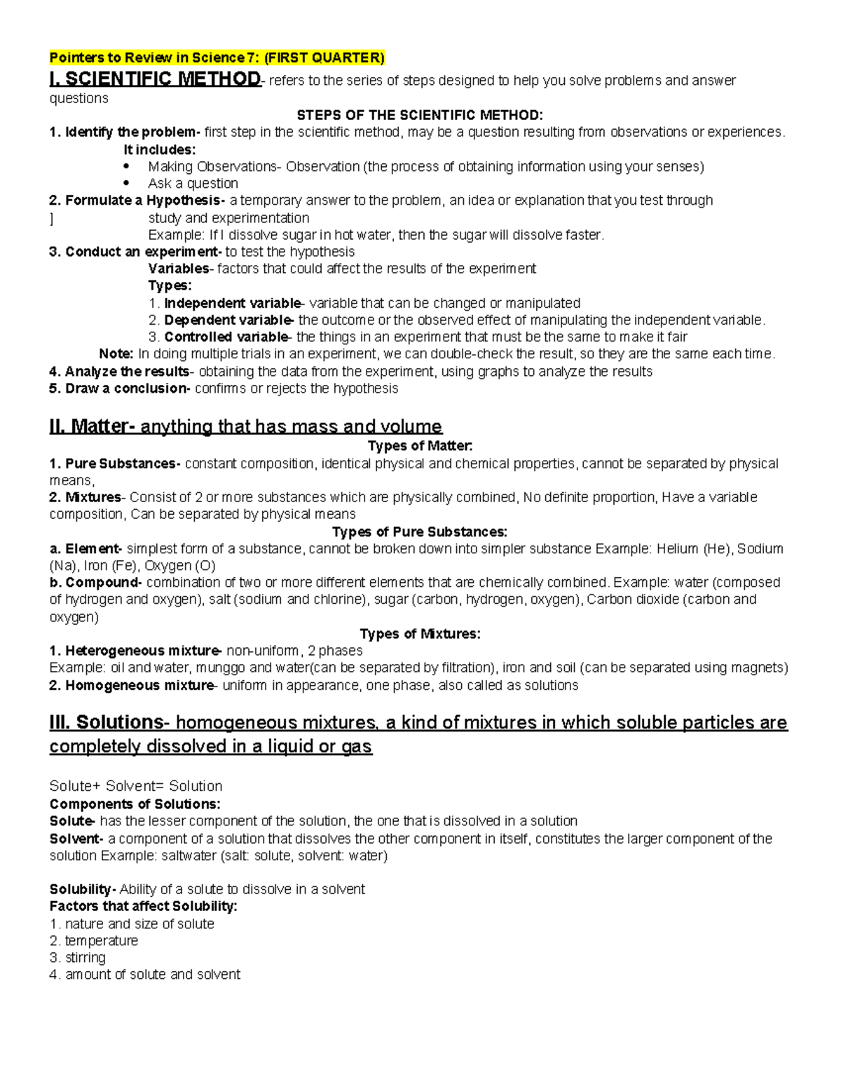 Review Pointers for Science 7: First Quarter Coverage - Studocu