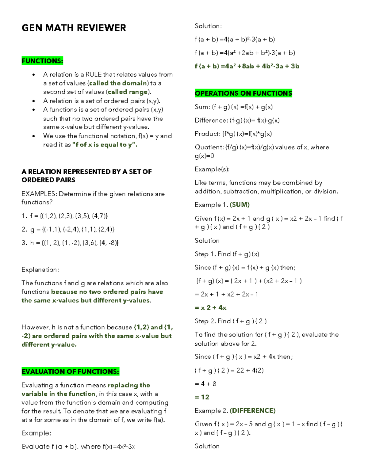 GEN MATH REVIEWER: Functions, Operations, and Exponential Concepts ...