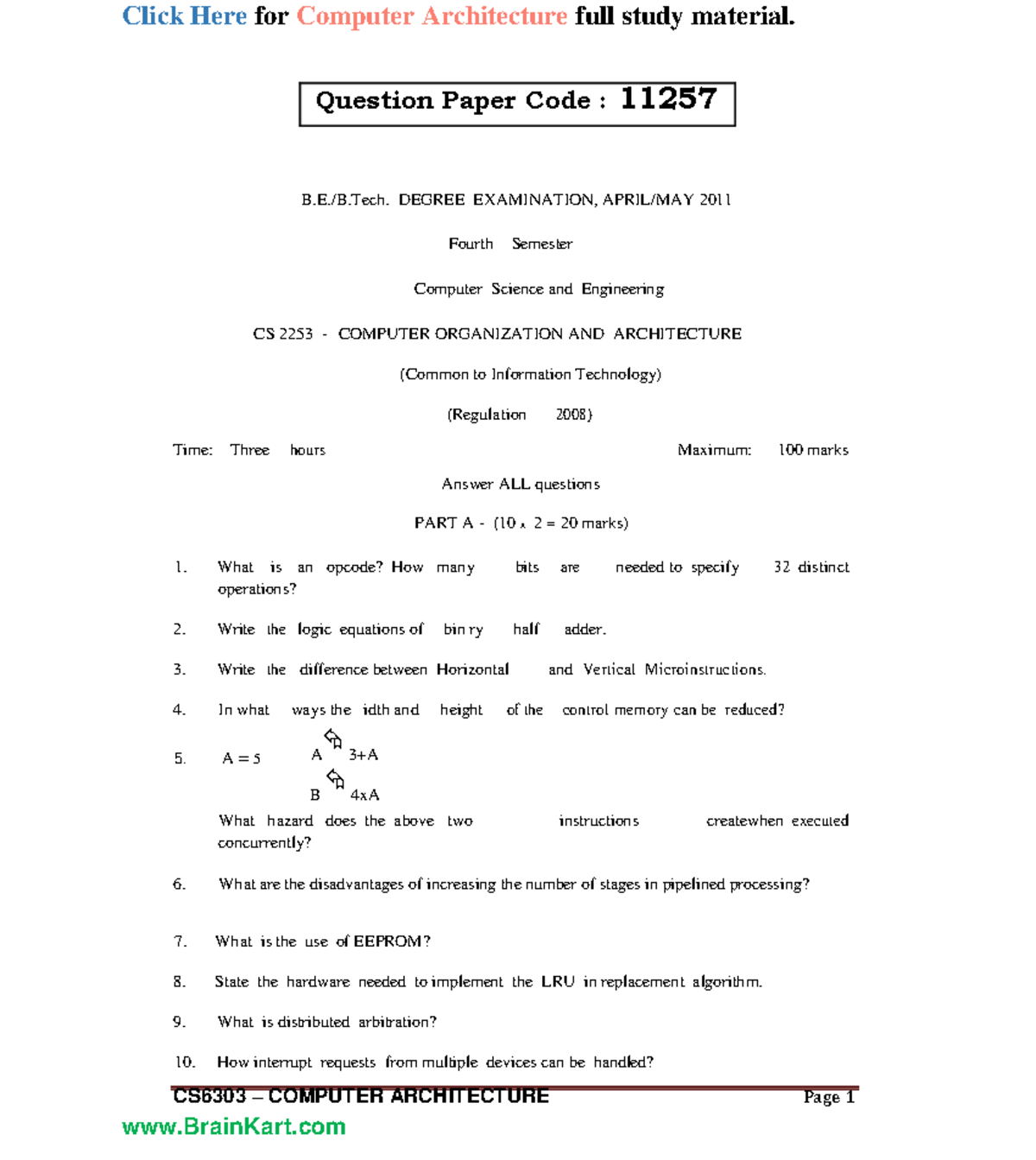 140 - CS8491, CS6303 Computer Architecture - Question Papers - Question Paper Code : 11257 B.E ...