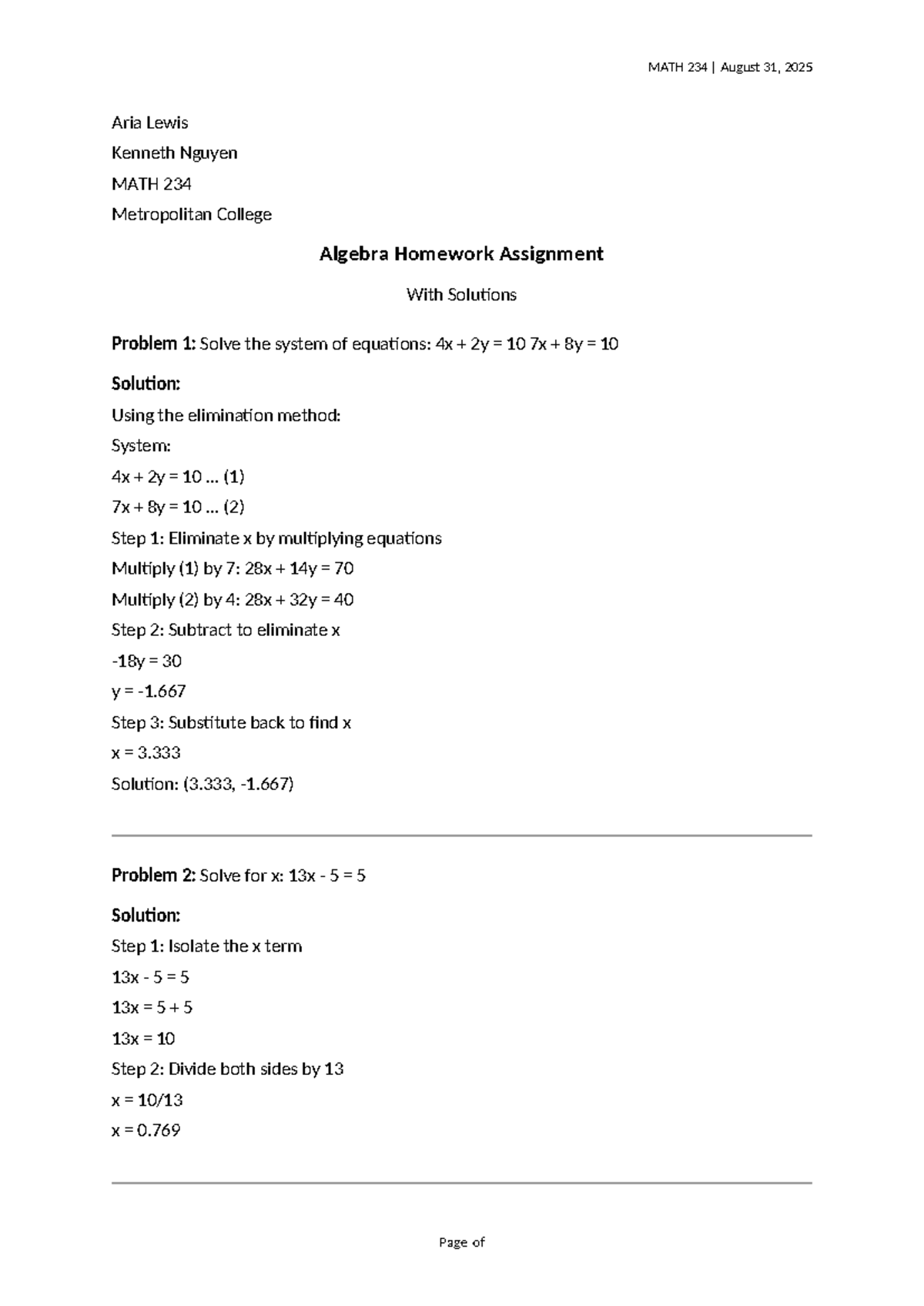 MATH 234 Algebra Homework Solutions - August 31, 2025 - Studocu