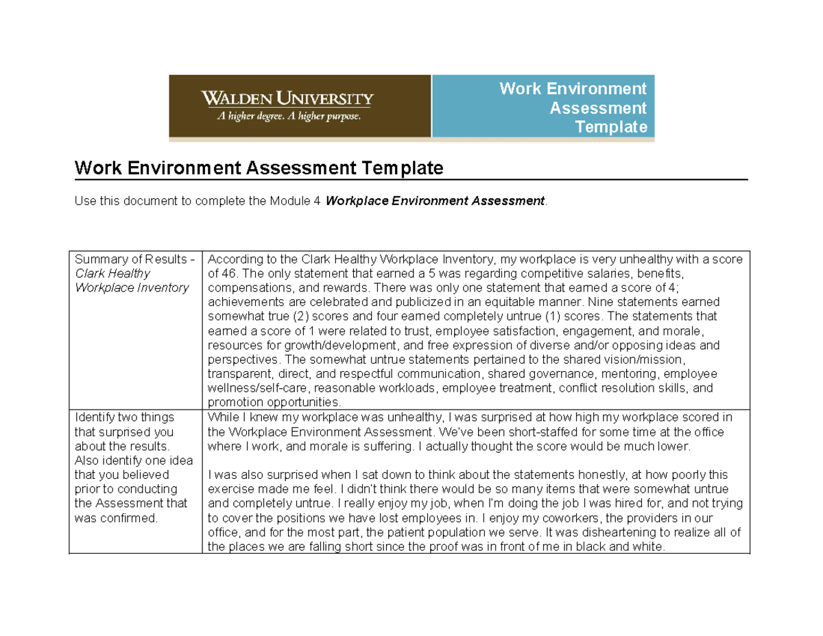 Module 4 Workplace Environment Assessment: Insights & Reflections - Studocu