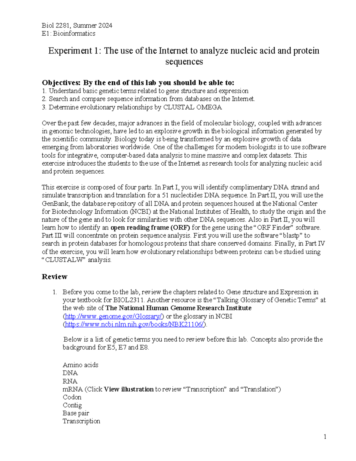 E1: Bioinformatics Lab Report on Nucleic Acid Analysis and Sequence ...