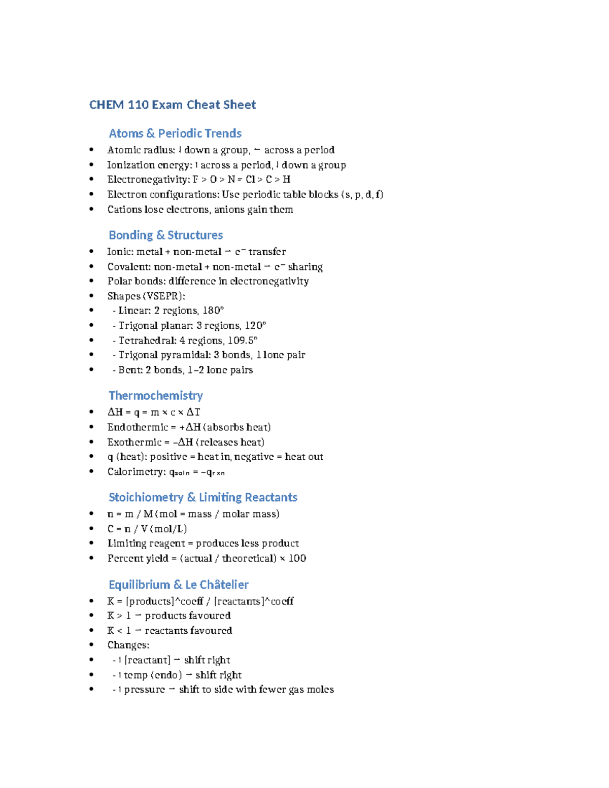 CHEM 110 Final Exam Cheat Sheet: Key Concepts & Trends in Chemistry ...