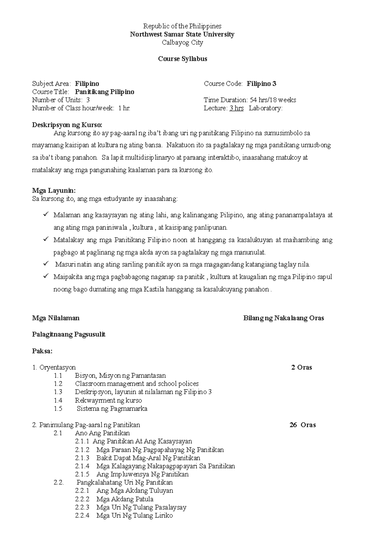 Filipino 3: Comprehensive Syllabus on Panitikang Pilipino - Studocu