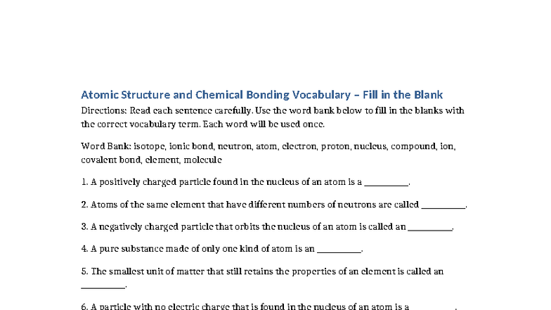 6.1 Atomic Structure & Chemical Bonding Vocab Worksheet - Studocu