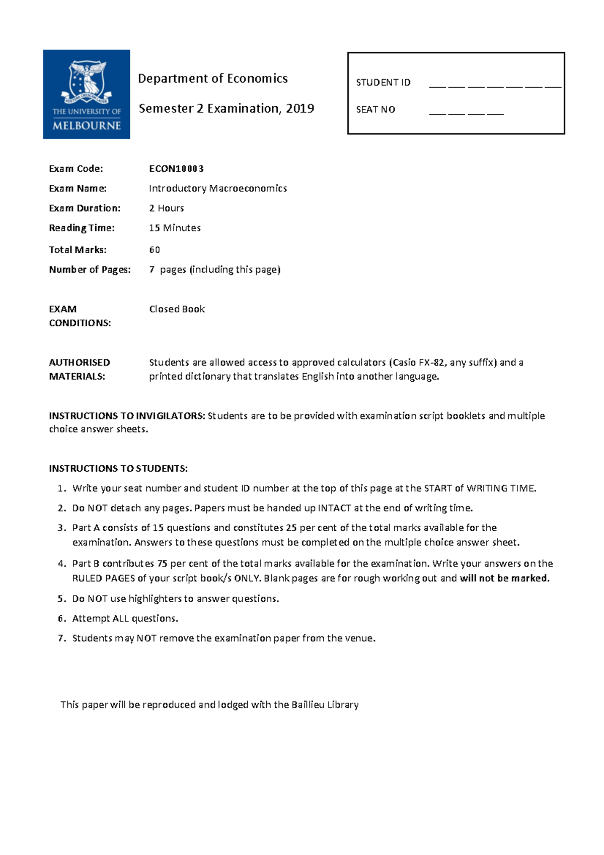 ECON10003 Introductory Macroeconomics Practice Exam (2019-S2) - Studocu