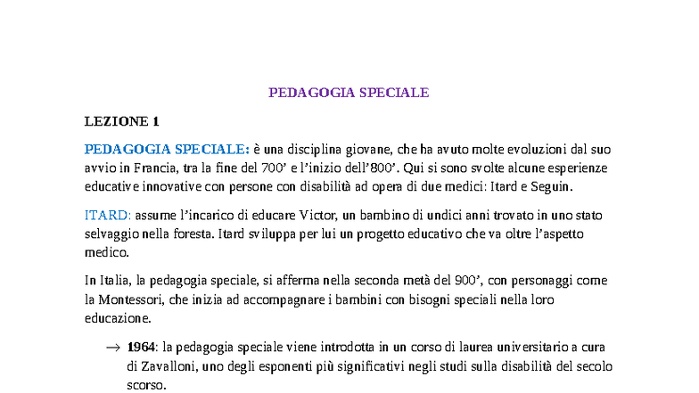 PEDAGOGIA SPECIALE LEZIONE 1: Evoluzione e Modelli Educativi - Studocu