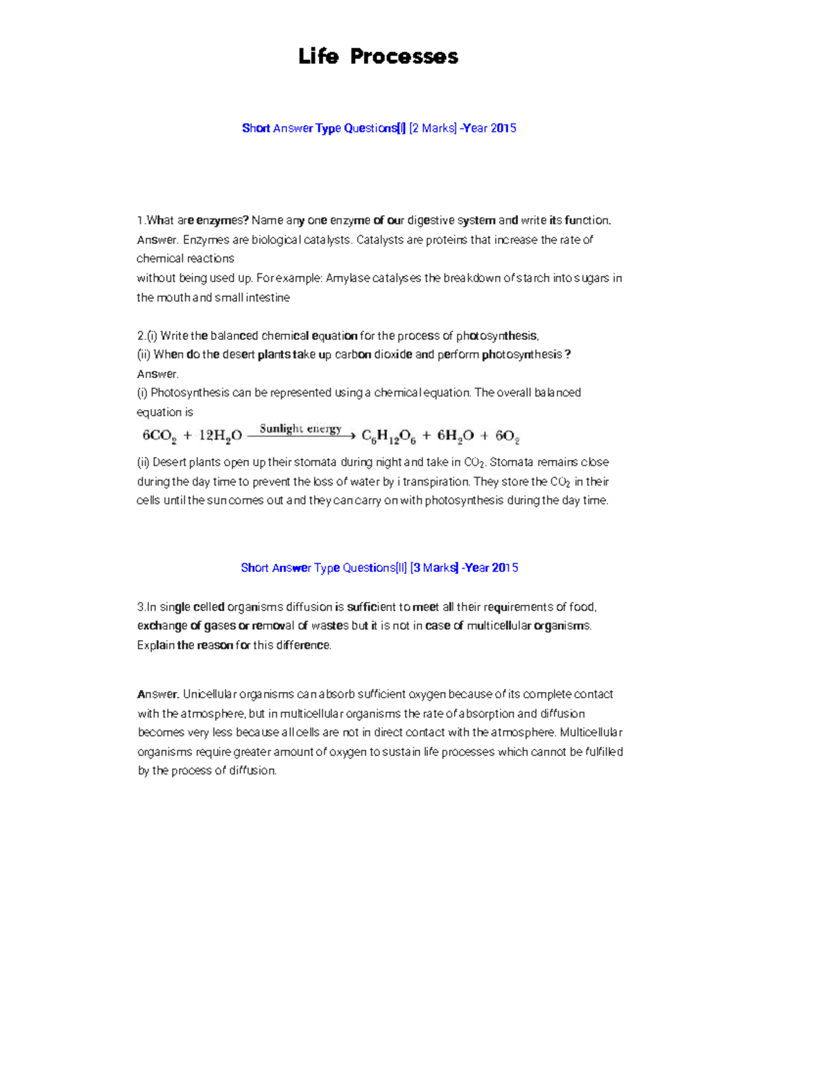 Life Processes Short Answer Type Questions 2015 - Biology Exam Prep ...