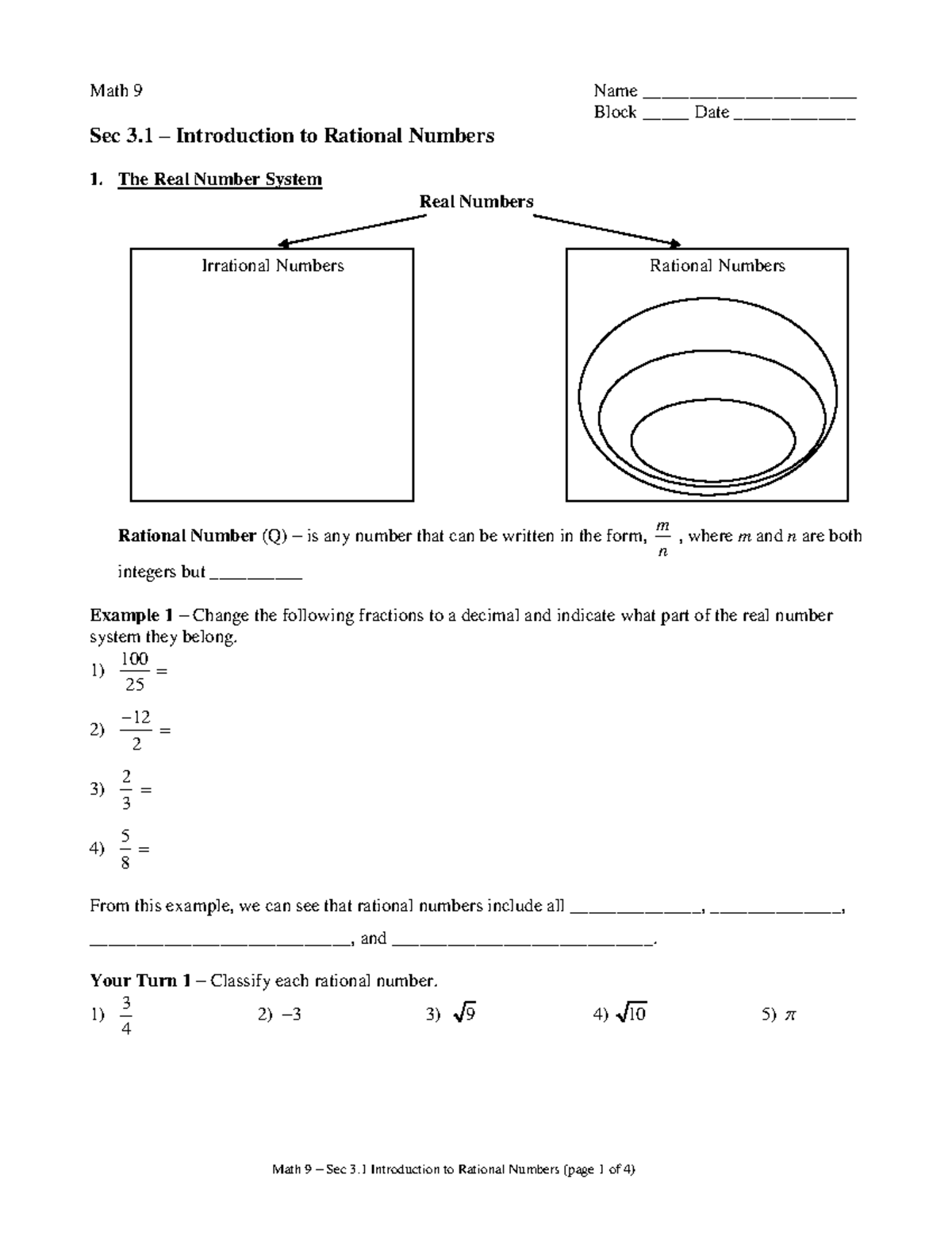 Math 9 Sec 3.1: Intro to Rational Numbers and Their Comparisons - Studocu