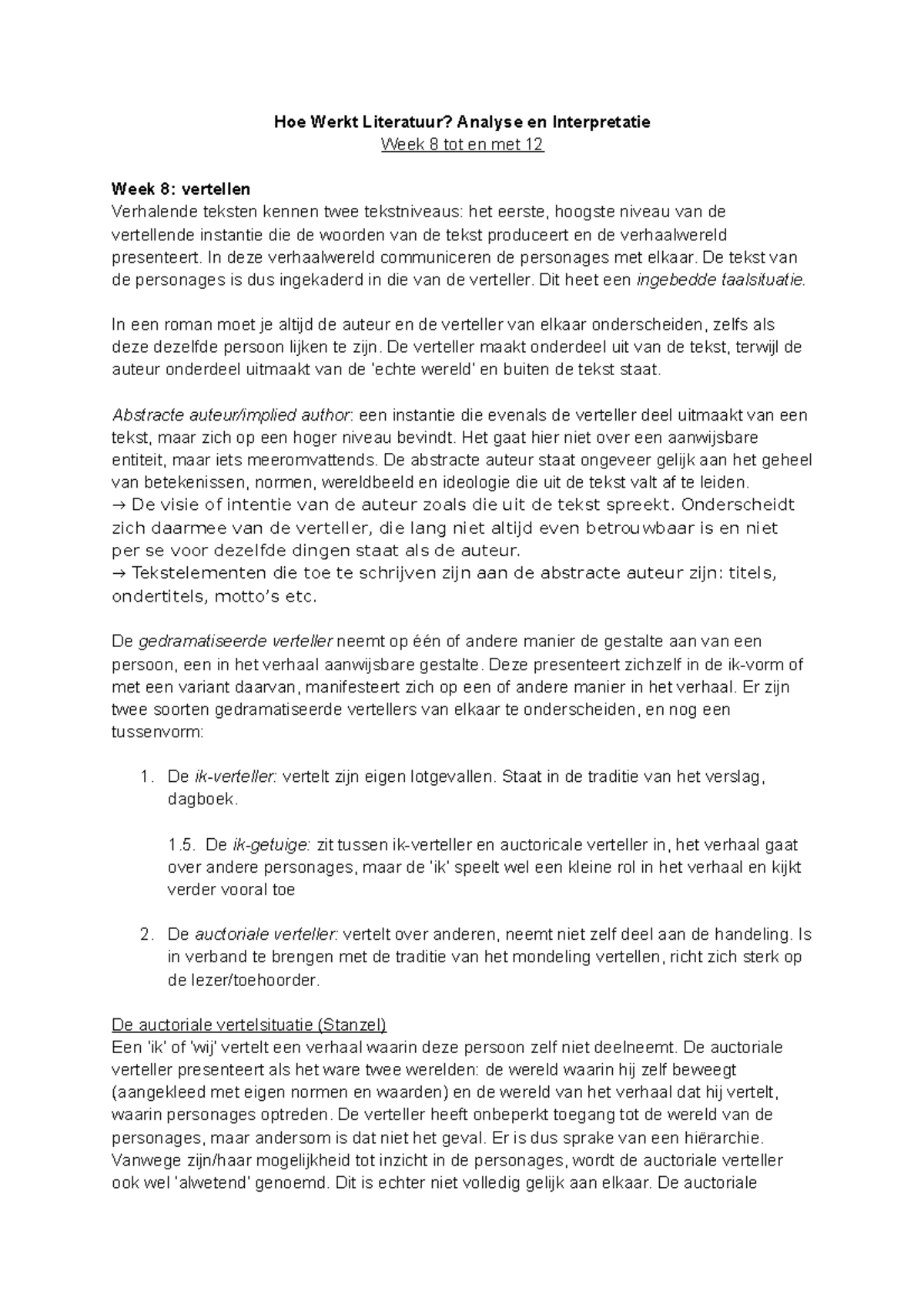 Literatuur Analyse en Interpretatie Samenvatting Week 8-12 - Studeersnel