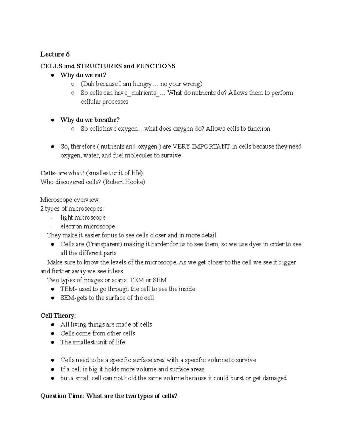 Biology 101: UNIT 2 Lecture 6 - Cells, Structures, and Functions Study Guide - Studocu