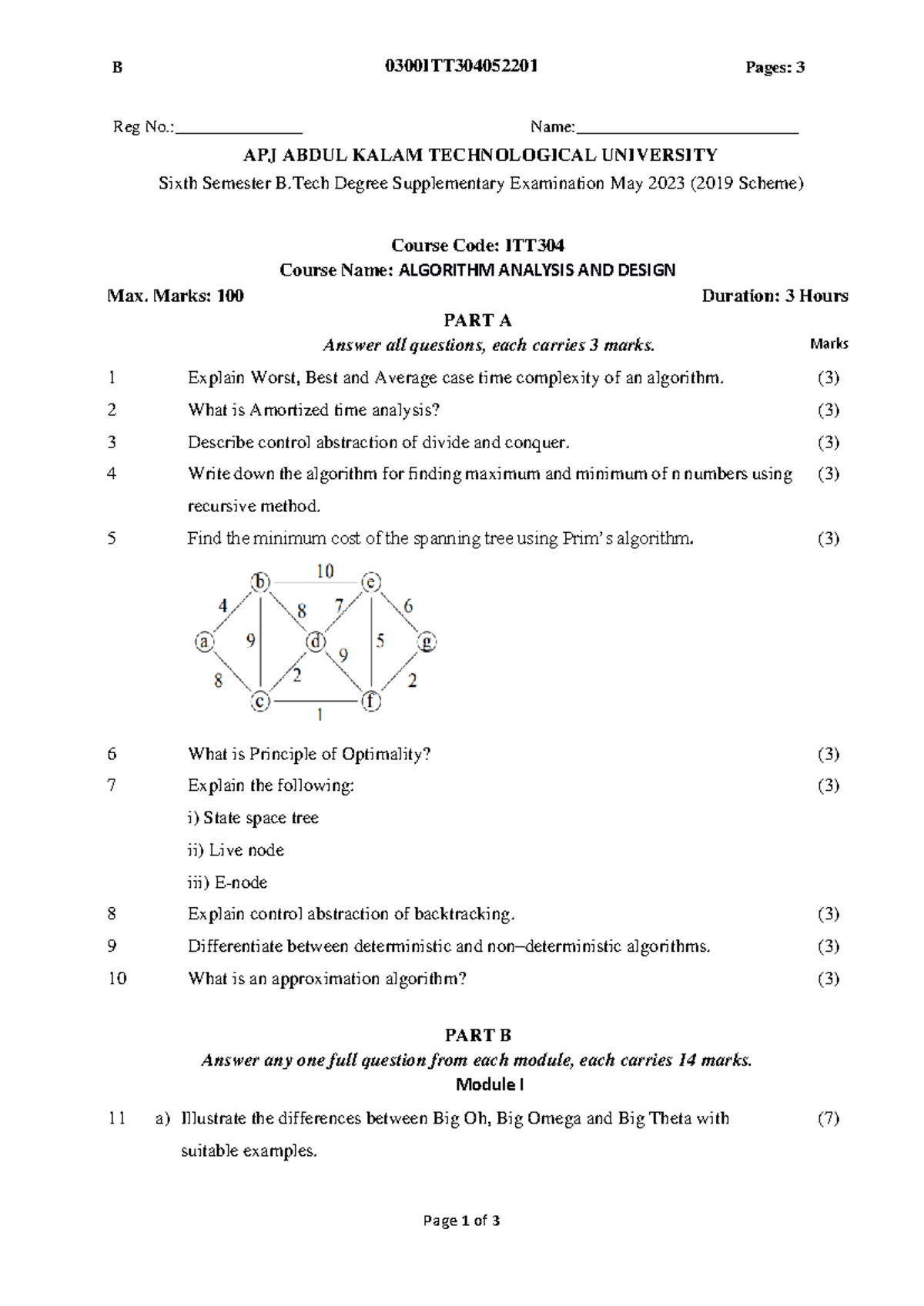ITT304-B Algorithm Analysis and Design QP May 2023 - Studocu