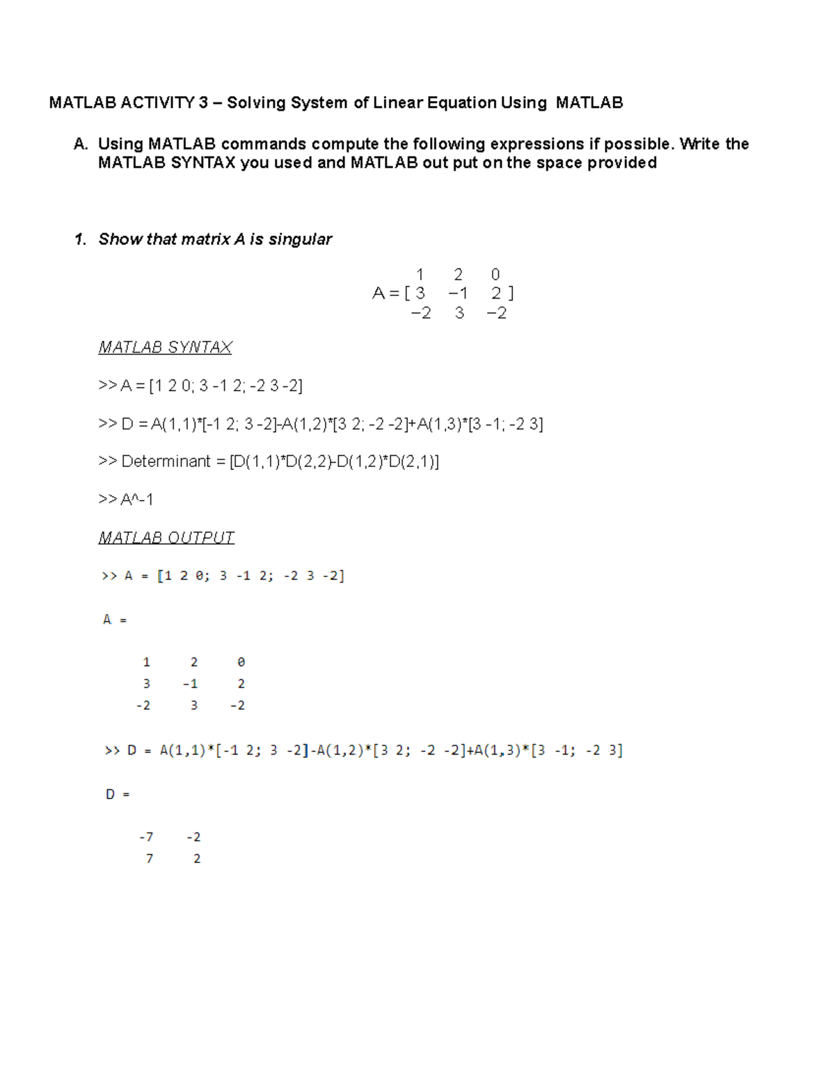 Matlab Activity (System of Linear Equation) - Linear Algebra With Matlab - TIP - Studocu