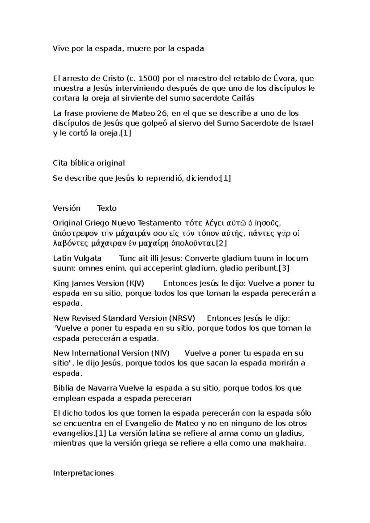 Vive por la espada, muere por la espada: Análisis de Mateo 26 - Studocu