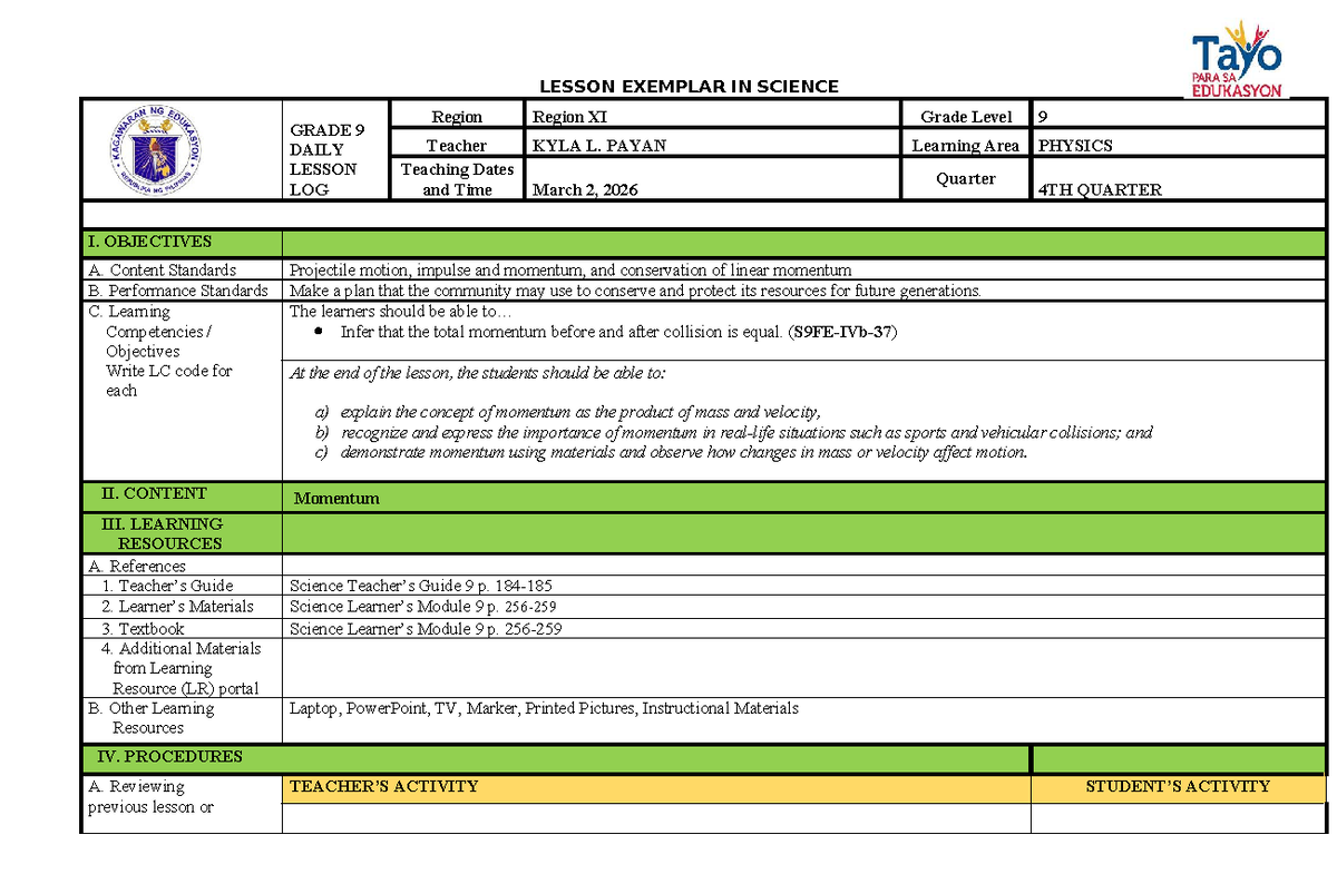 Momentum DLP: Grade 9 Science Lesson Plan on Physics Concepts - Studocu