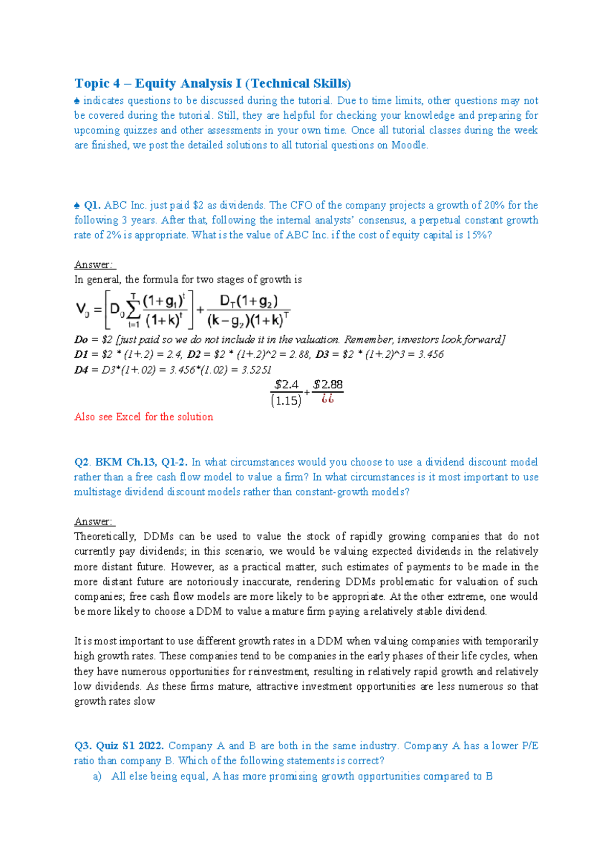 Tutorial 4 Answers - Topic 4 – Equity Analysis I (Technical Skills) ♠ ...