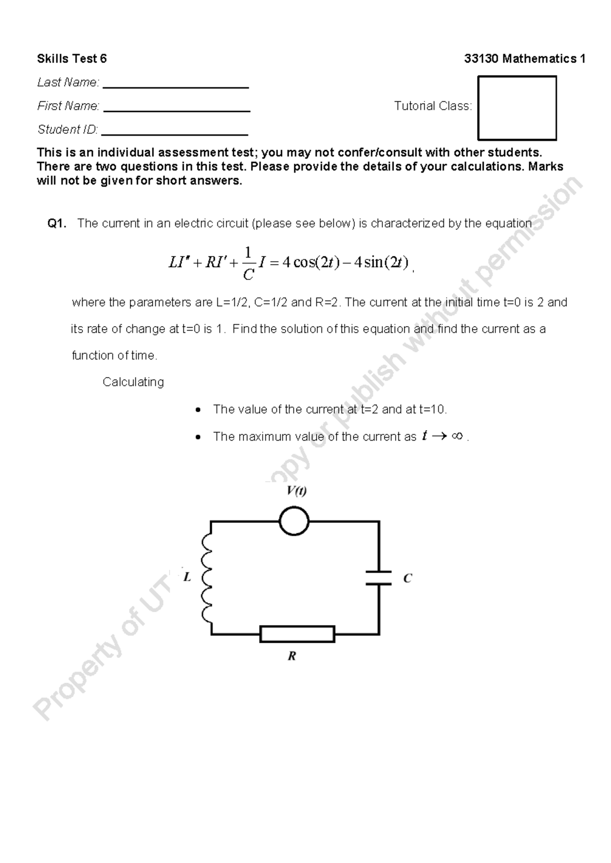 Mathematics 1 Skills Test 6 - Individual Assessment 33130 - Studocu
