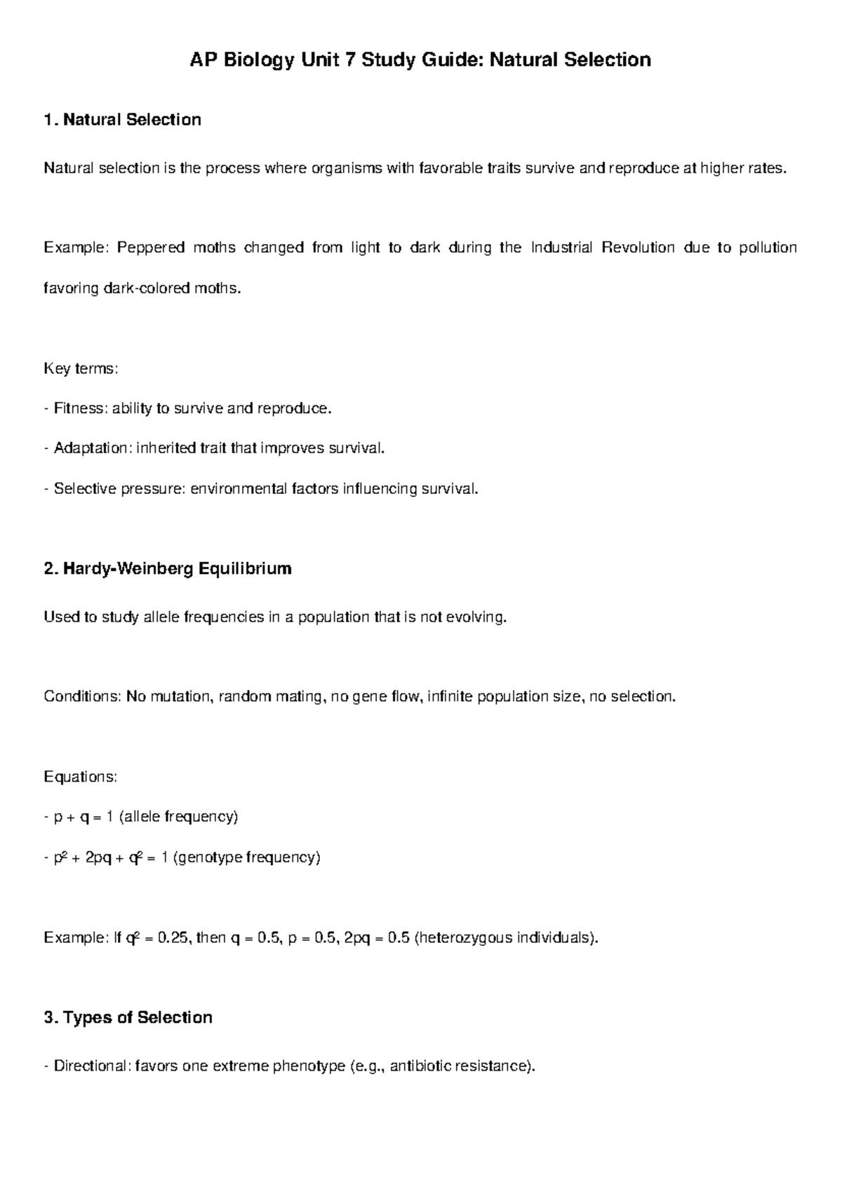 AP Biology Unit 7 study guide: natural selection and evolution concepts ...