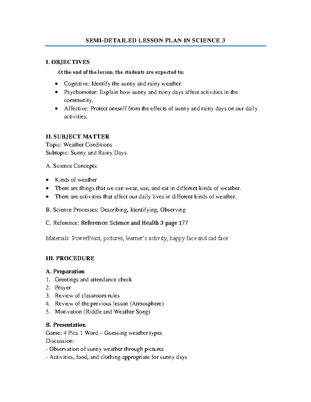 Semi-Detailed Lesson Plan: Weather Conditions in Science 3 - Studocu
