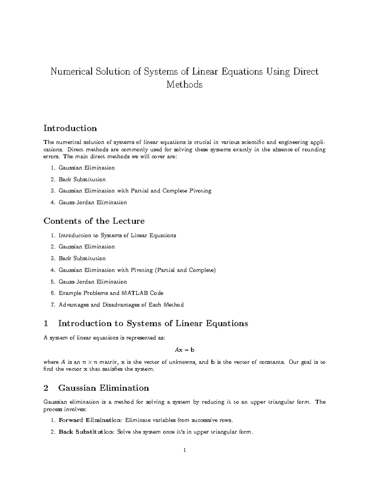 Numerical Solutions of Linear Equations: Direct Methods Overview - Studocu