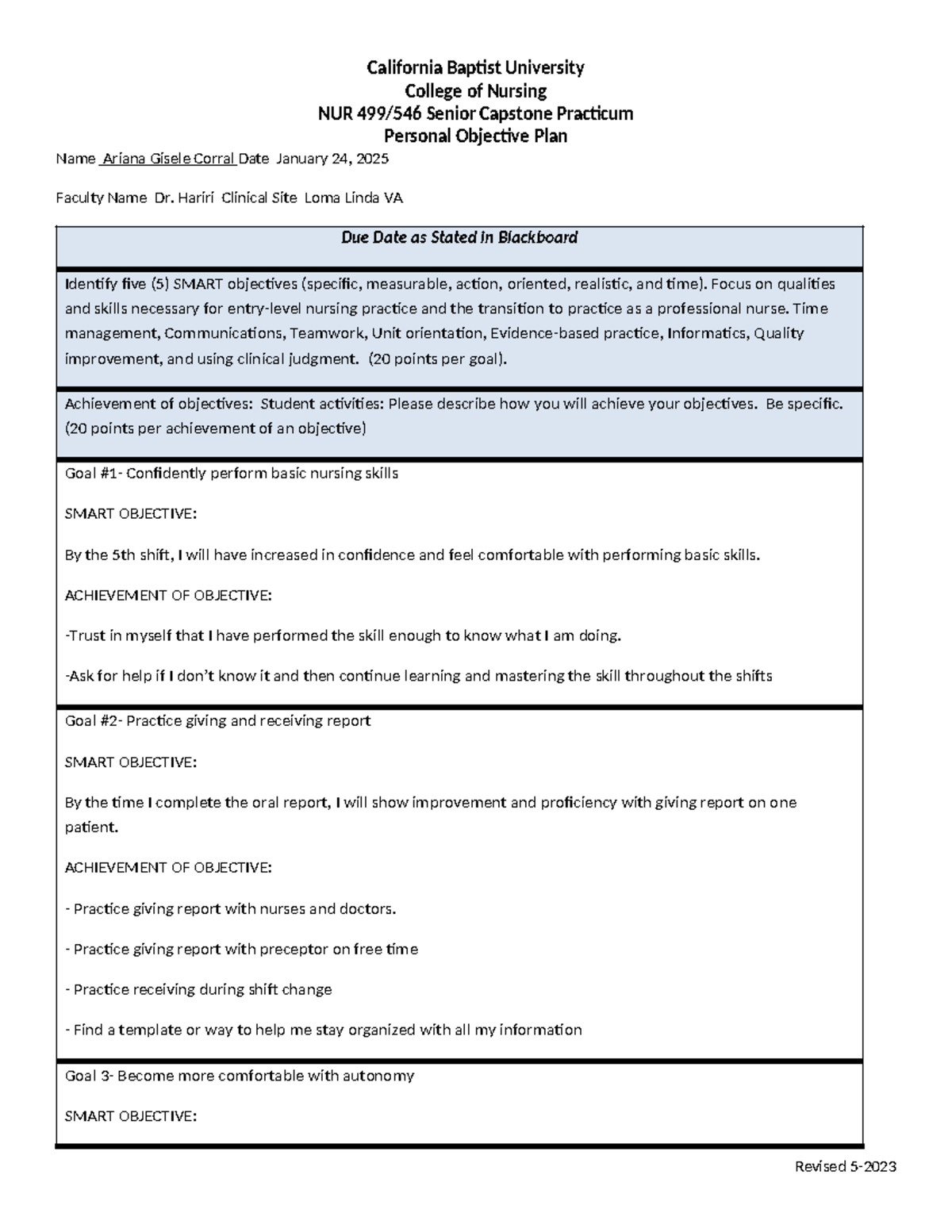 NUR Senior Capstone Practicum: SMART Objectives Plan by A. Corral - Studocu