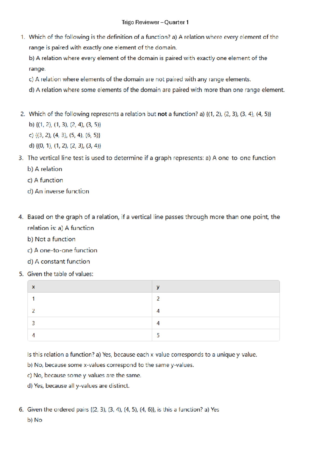 Trigo Reviewer Q1: Functions, Relations, and Graphs Concepts - Studocu
