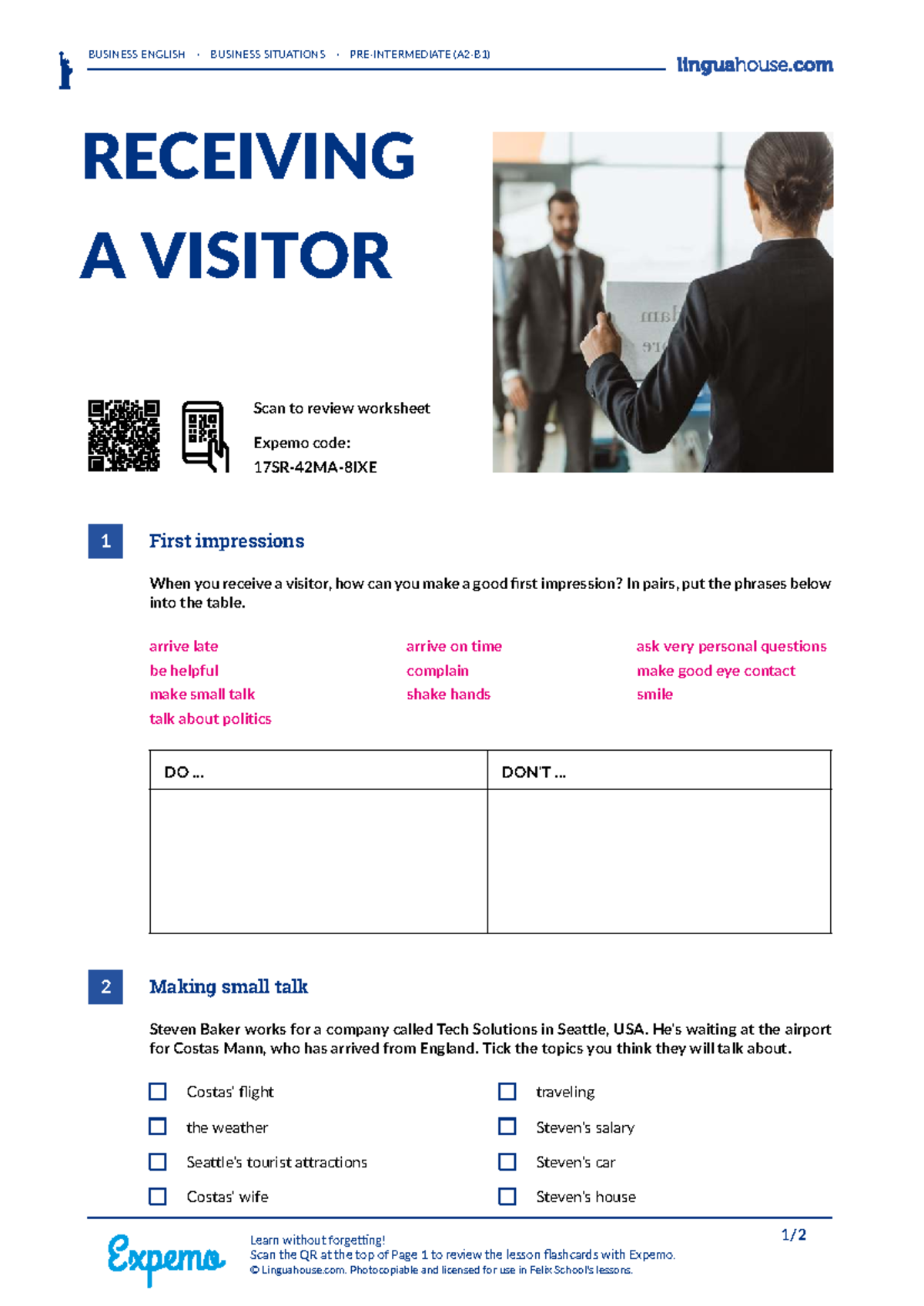 BUSINESS ENGLISH: RECEIVING A VISITOR - TEACHER MATERIALS - Studocu