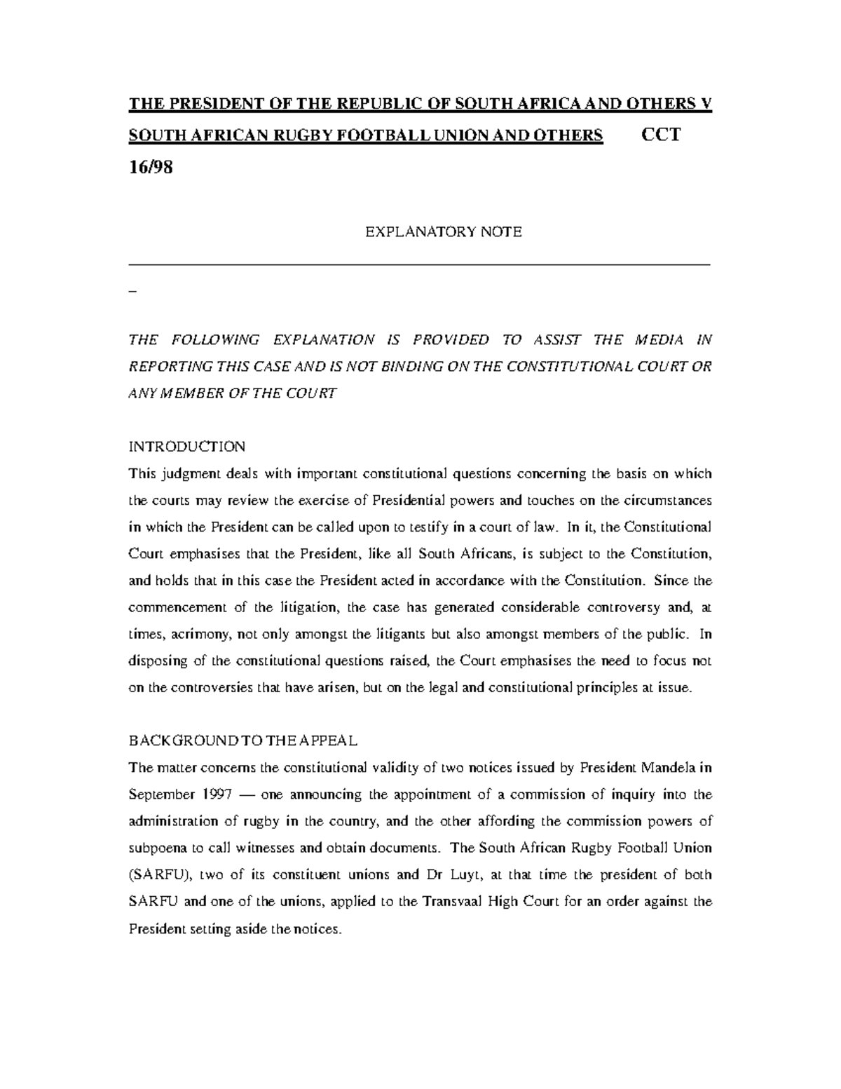 ADL311 Final Summary of The President of South Africa v SARFU Case ...