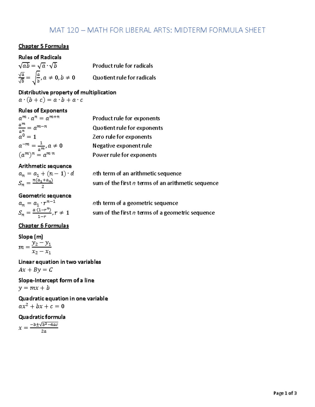 MAT 120 – MATH FOR LIBERAL ARTS: MIDTERM FORMULA SHEET - The sum of ...