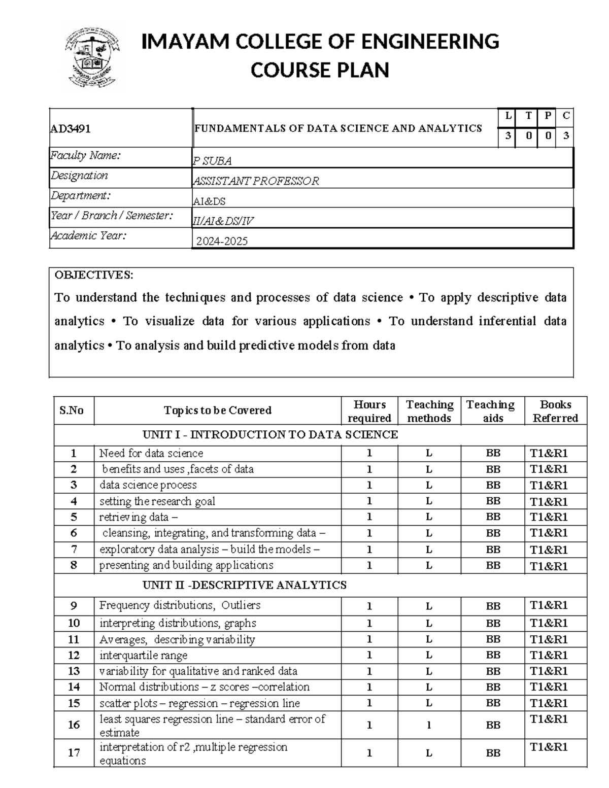 AD3491 Course Plan: Fundamentals of Data Science & Analytics - Studocu