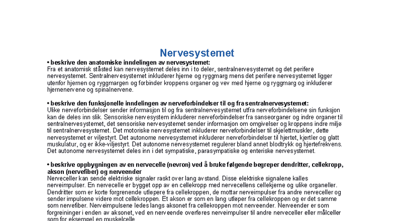 Nervesystemet: Anatomisk og Funksjonell Inndeling - Læringsutbytte ...