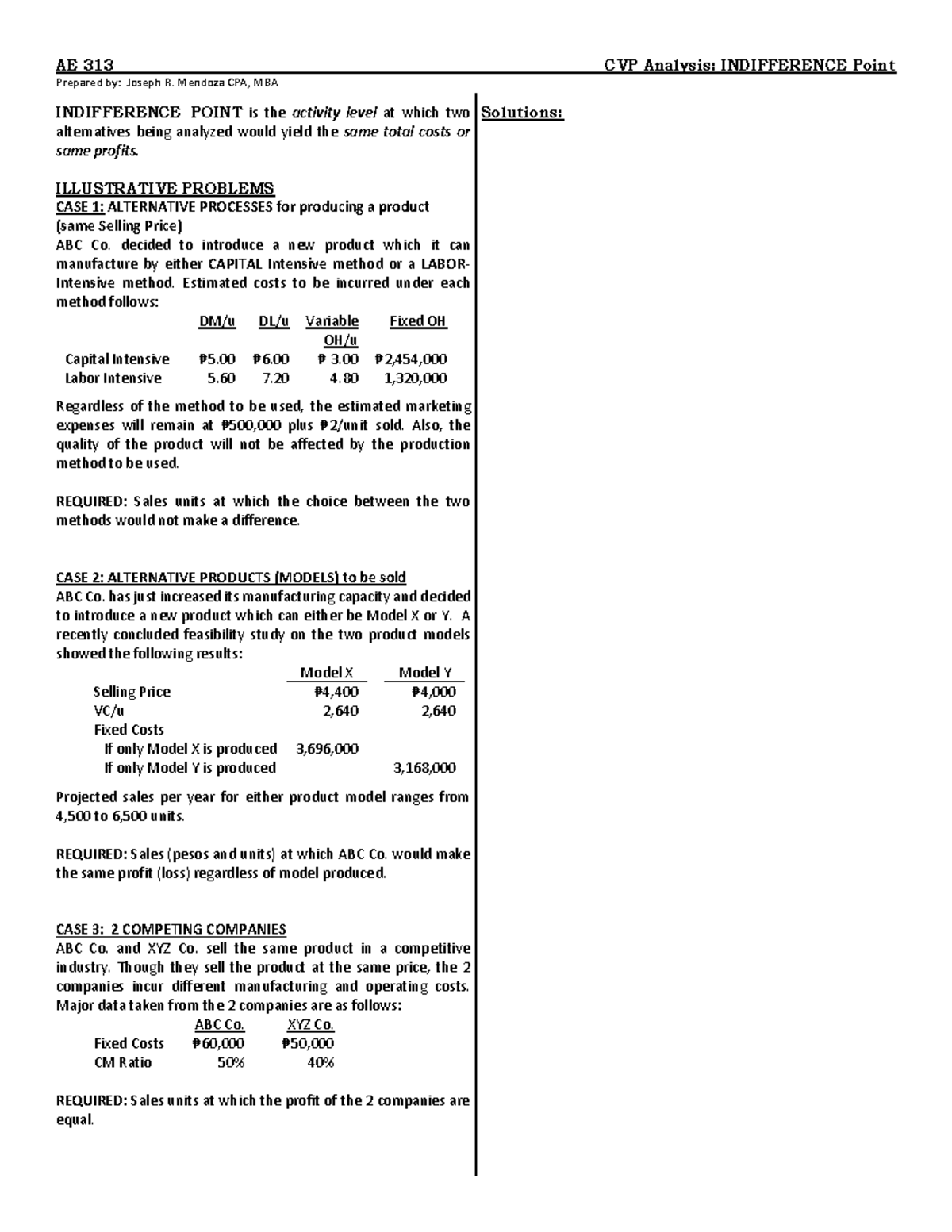 AE 313 Unit 2C CVP Analysis: Indifference Point Cases & Solutions - Studocu