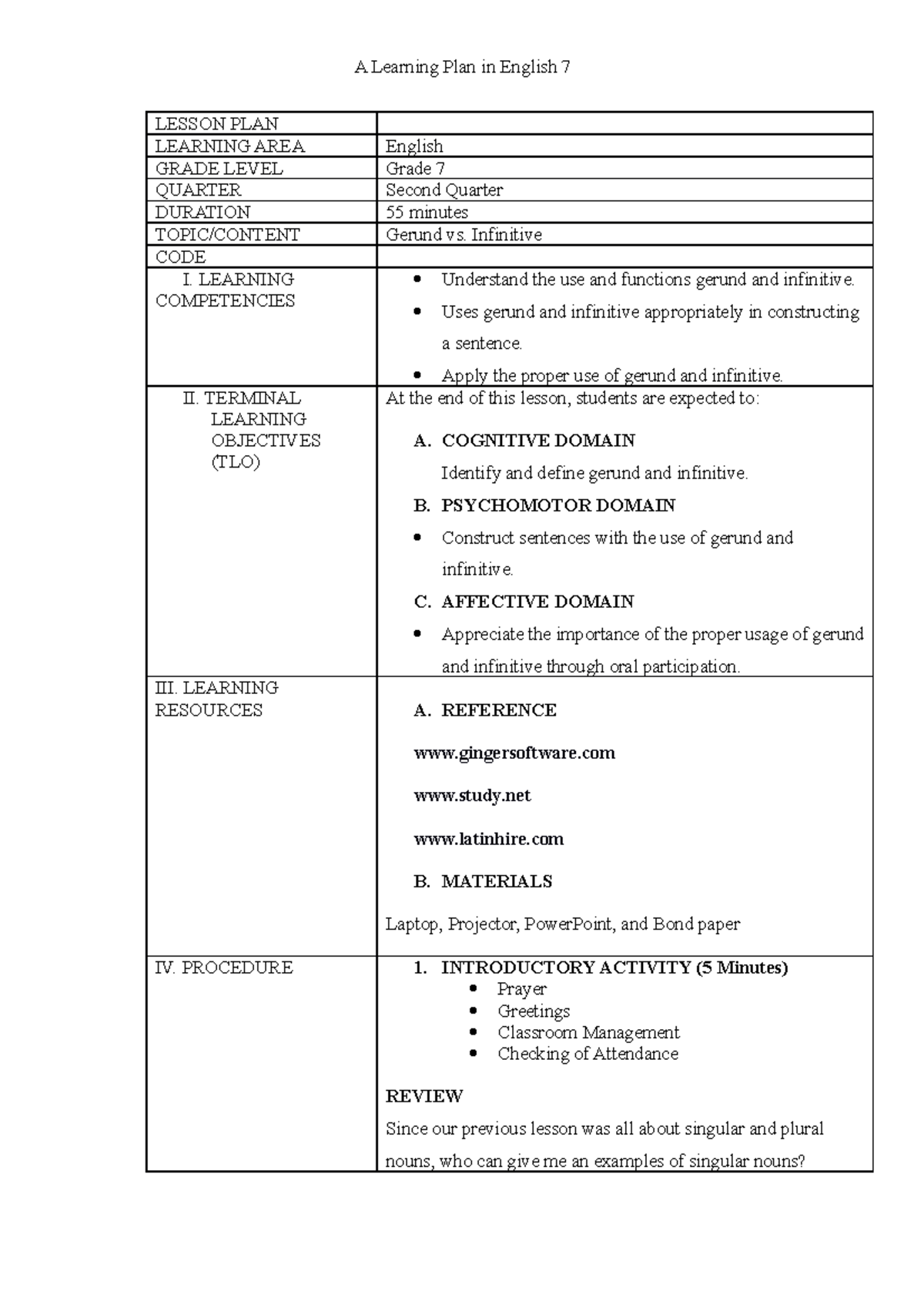 Gerund-vs-Infinitives-1 - A Learning Plan in English 7 LESSON PLAN ...