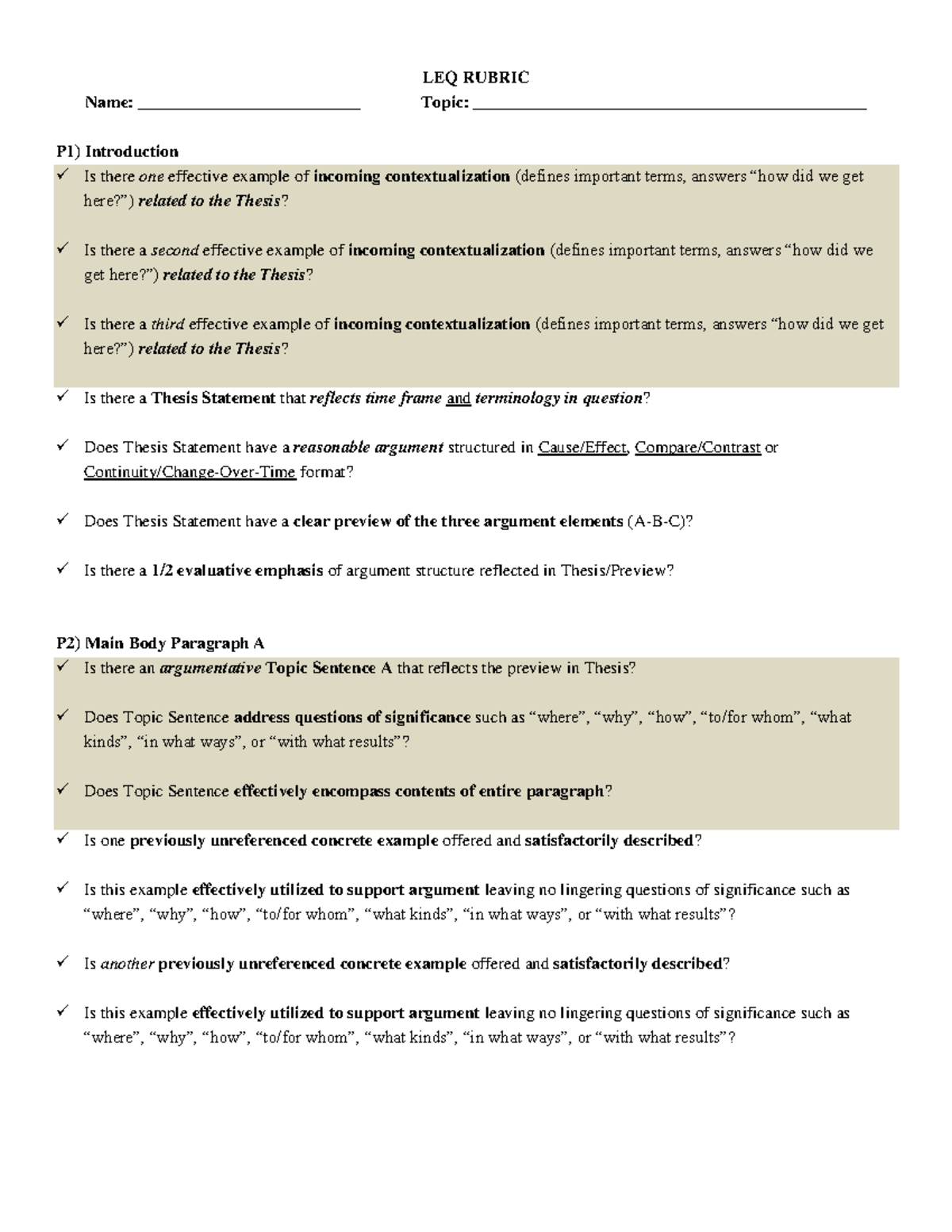 AP LEQ Essay Rubric: Effective Contextualization & Argument Structure ...