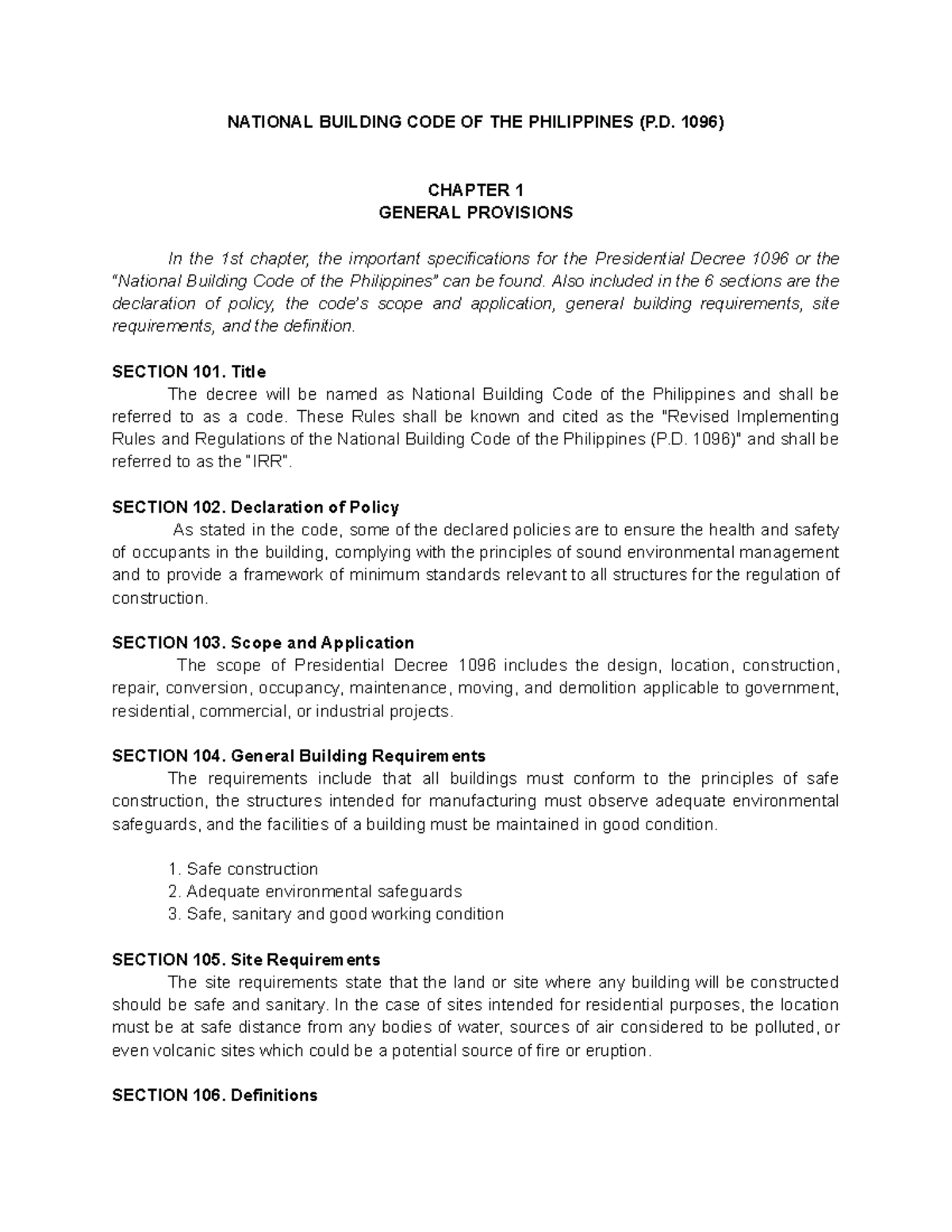 NATIONAL BUILDING CODE OF THE PHILIPPINES (P.D. 1096) CHAPTER 1 ...