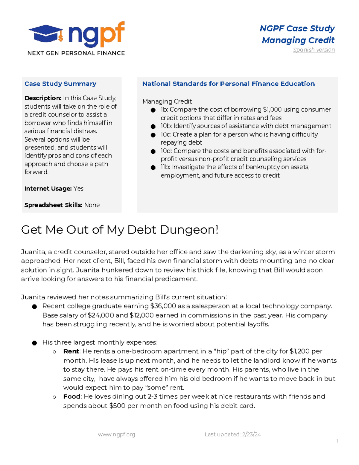 NGPF Case Study: Managing Credit - Get Me Out of My Debt Dungeon - Studocu