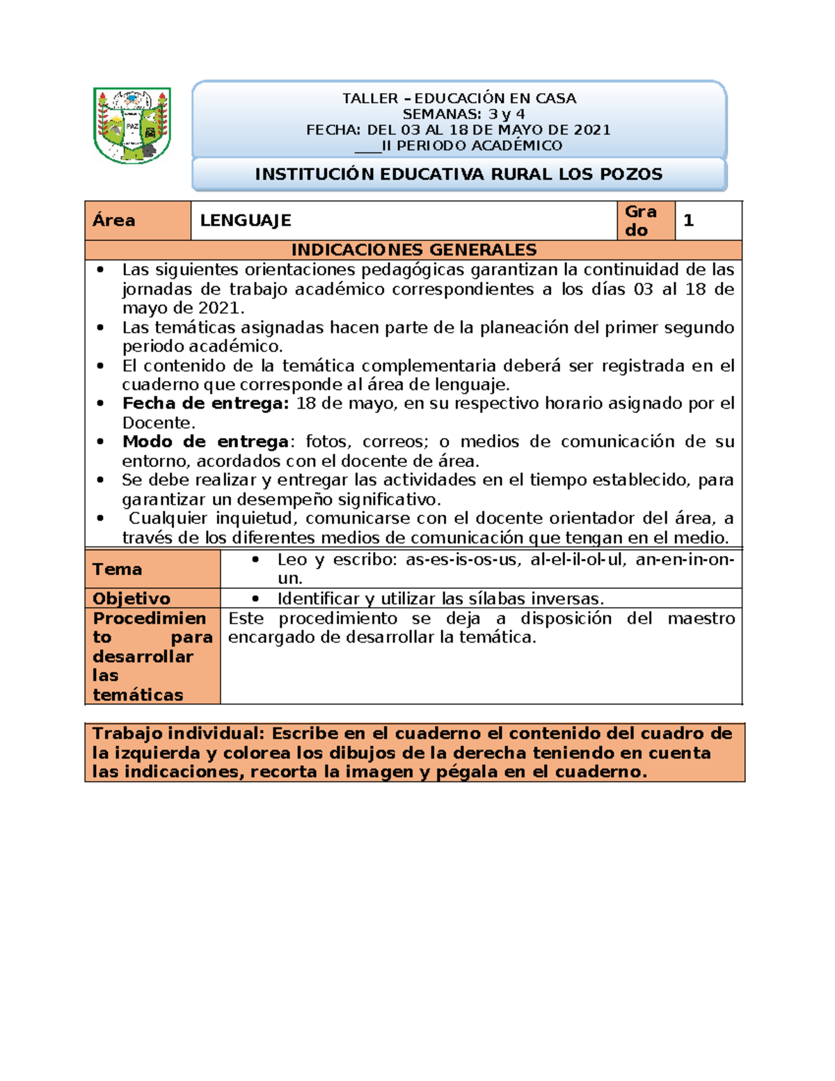 Lenguaje 1° Semanas 3 y 4 II Periodo - Área LENGUAJE Gra do 1 ...