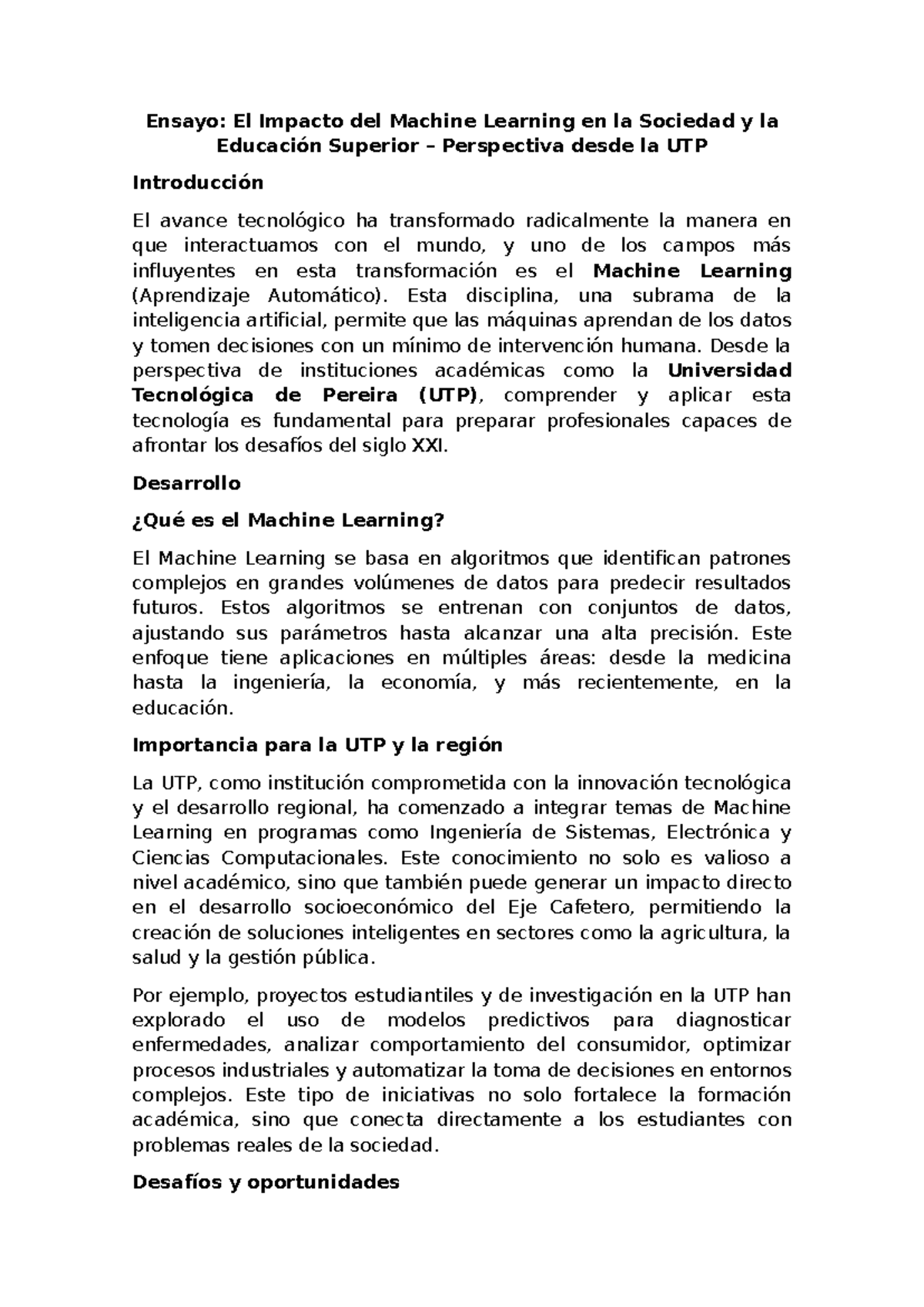 Machine learning UTP - PORTAL UTP - Ensayo: El Impacto del Machine ...