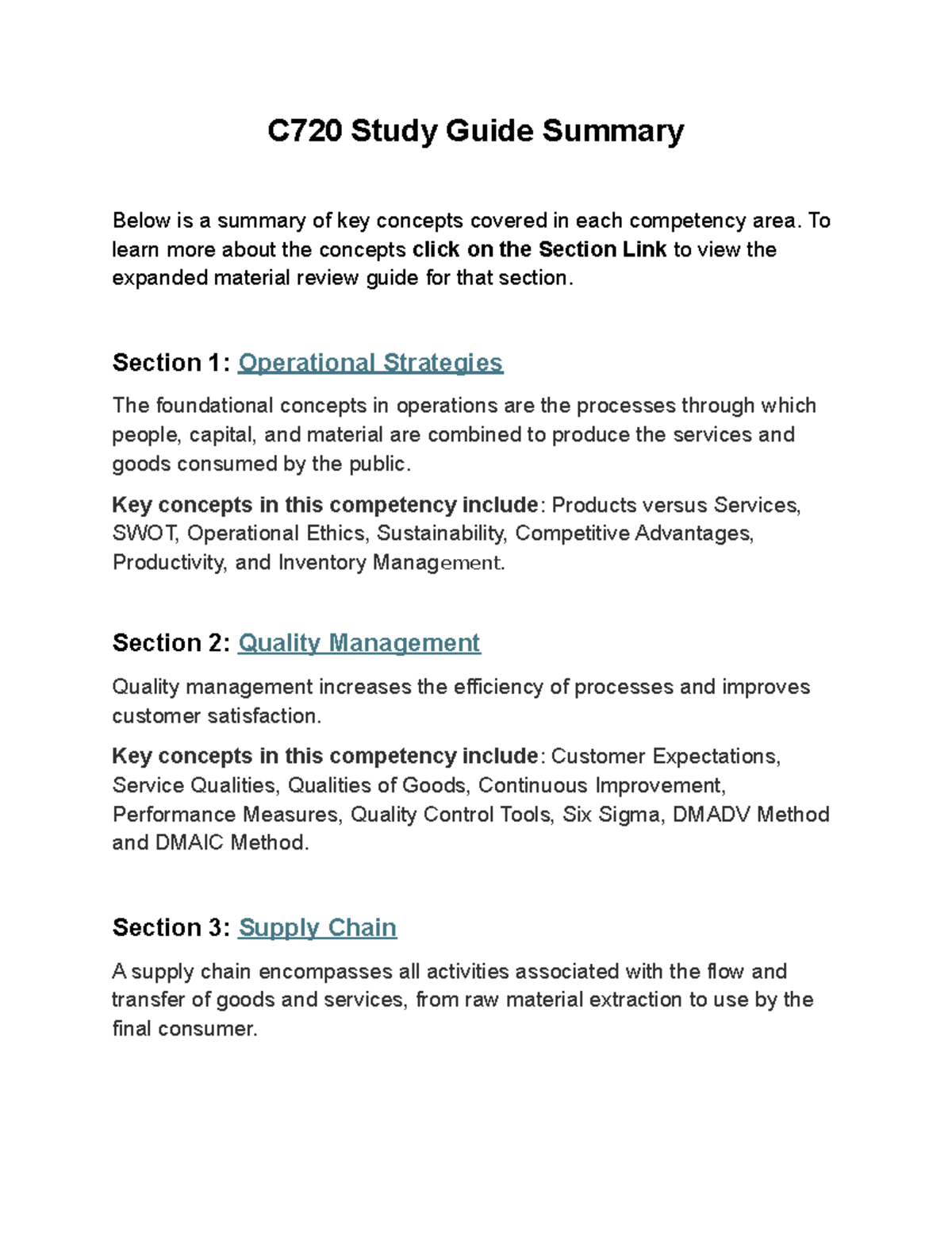 C720 Operational Strategies & Quality Management Study Guide - Studocu