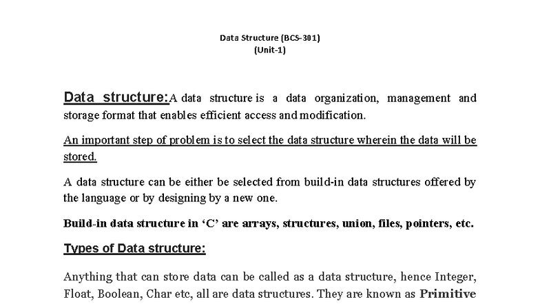 DS (BCS-301) Unit 1: Data Structures Basics & Linked Lists - Studocu