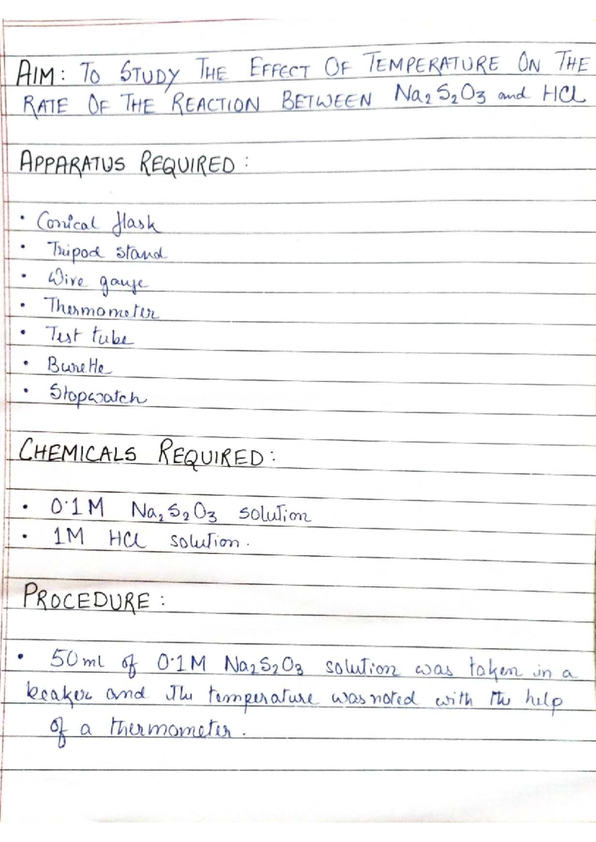 Experiment 12 - Effect of Temperature on Na2S2O3 & HCl Reaction - Studocu