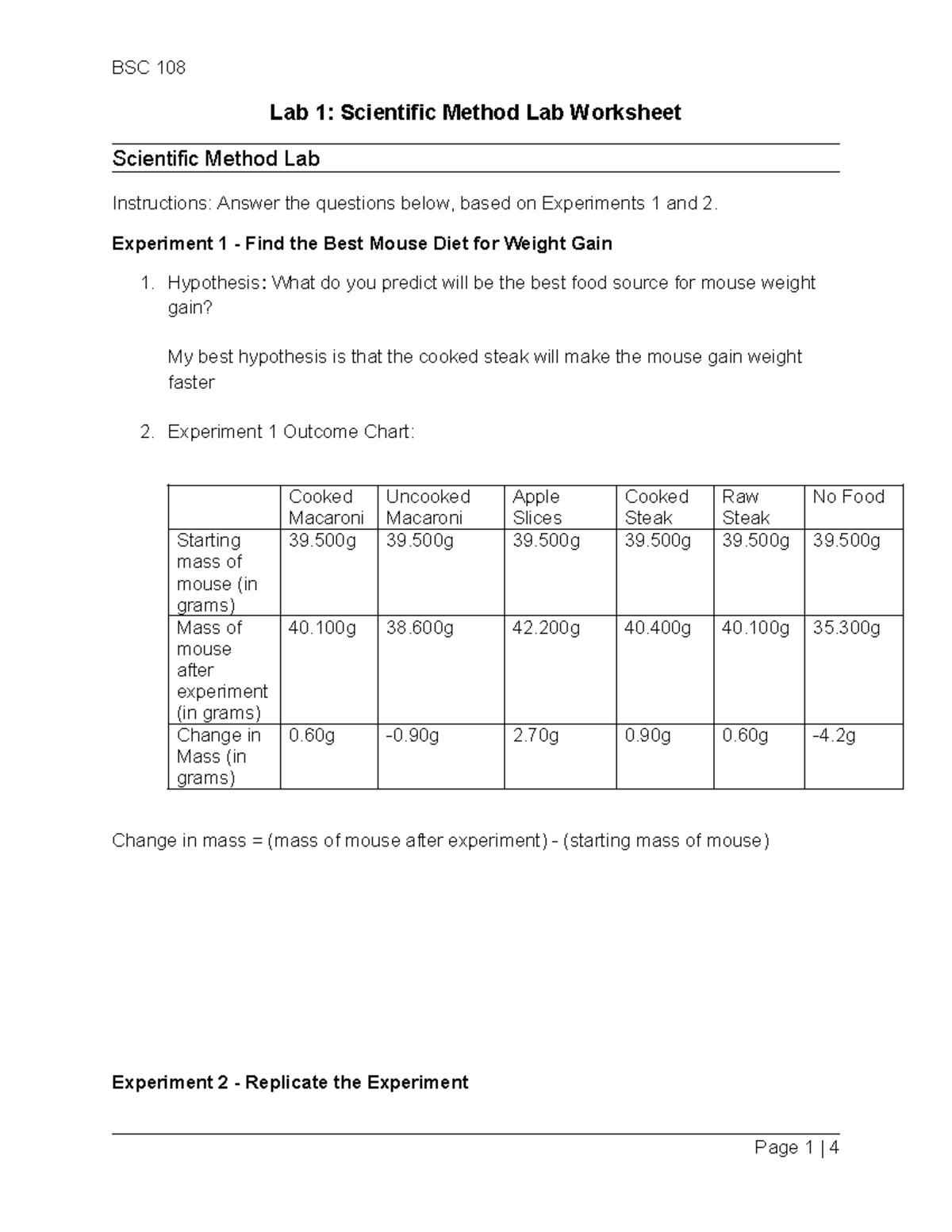 BSC 108 Lab 1: Scientific Method Weight Gain Experiment Worksheet - Studocu