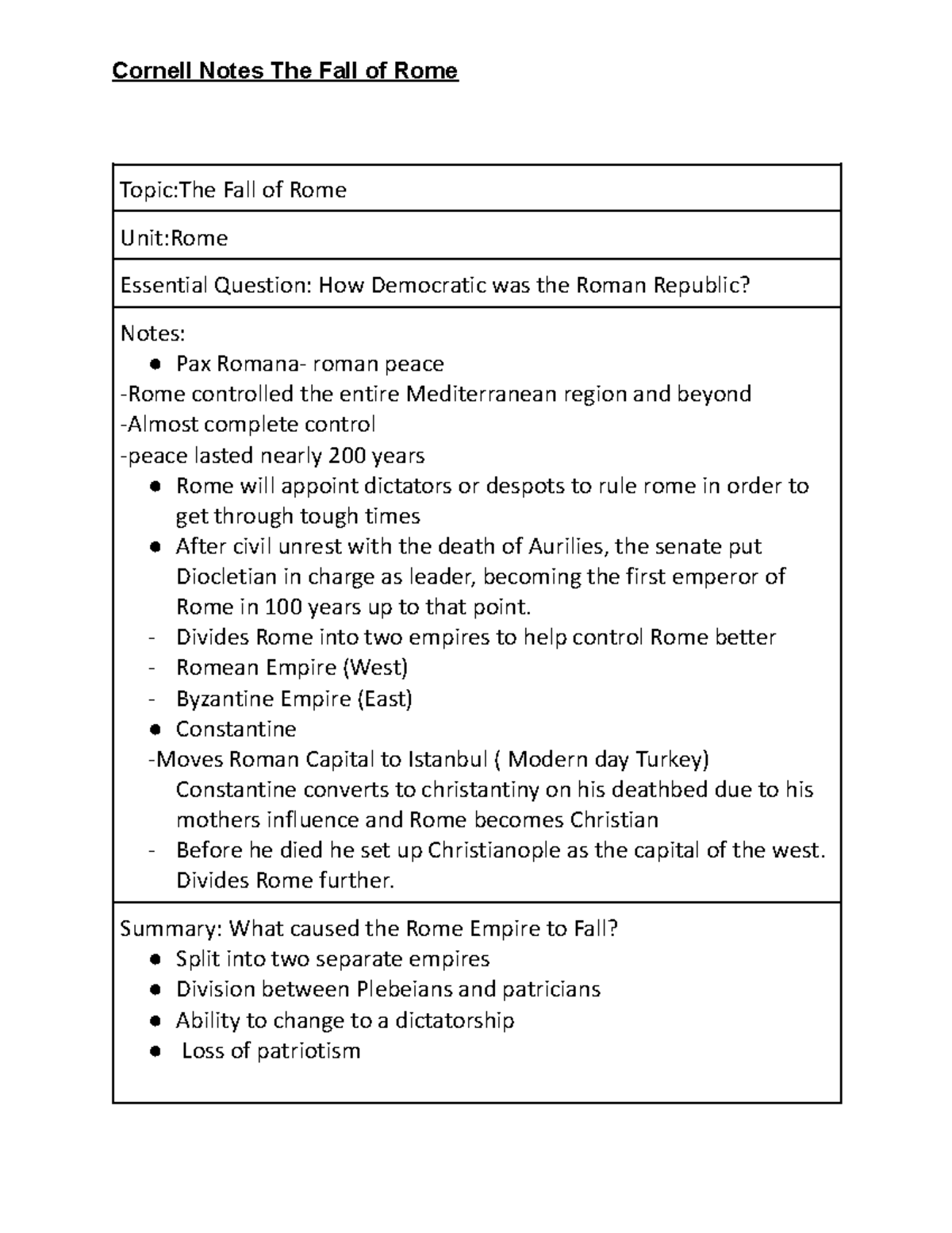 Cornell Notes: The Fall of Rome - World History Overview - Studocu