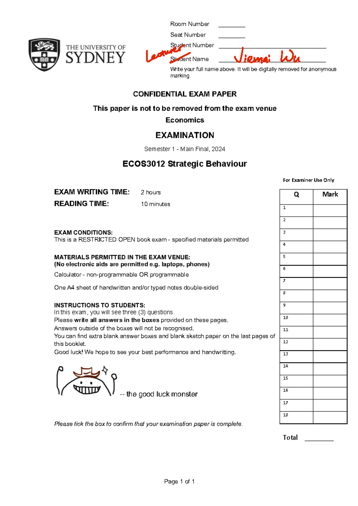 ECOS3012 Final Exam Answers - Strategic Behaviour 2024 - Studocu