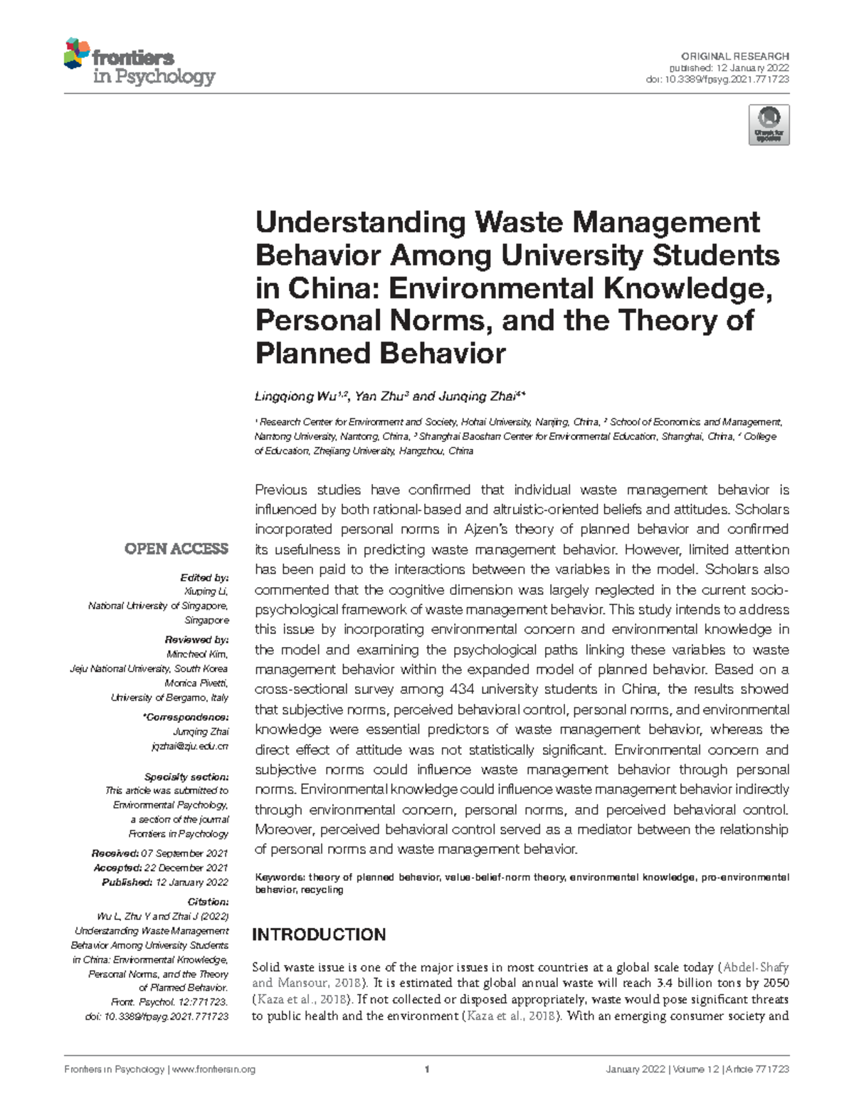 Understanding Waste Management Behavior Among Univ - ORIGINAL RESEARCH ...