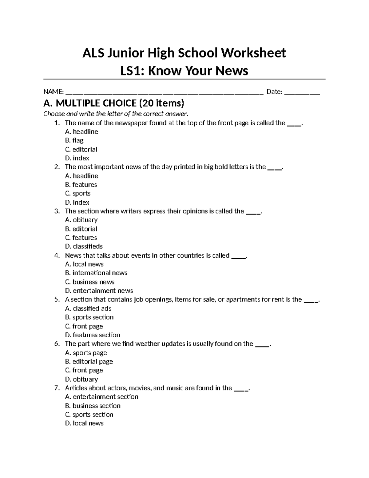 ALS Junior High School Worksheet LS1: Know Your News Activities - Studocu