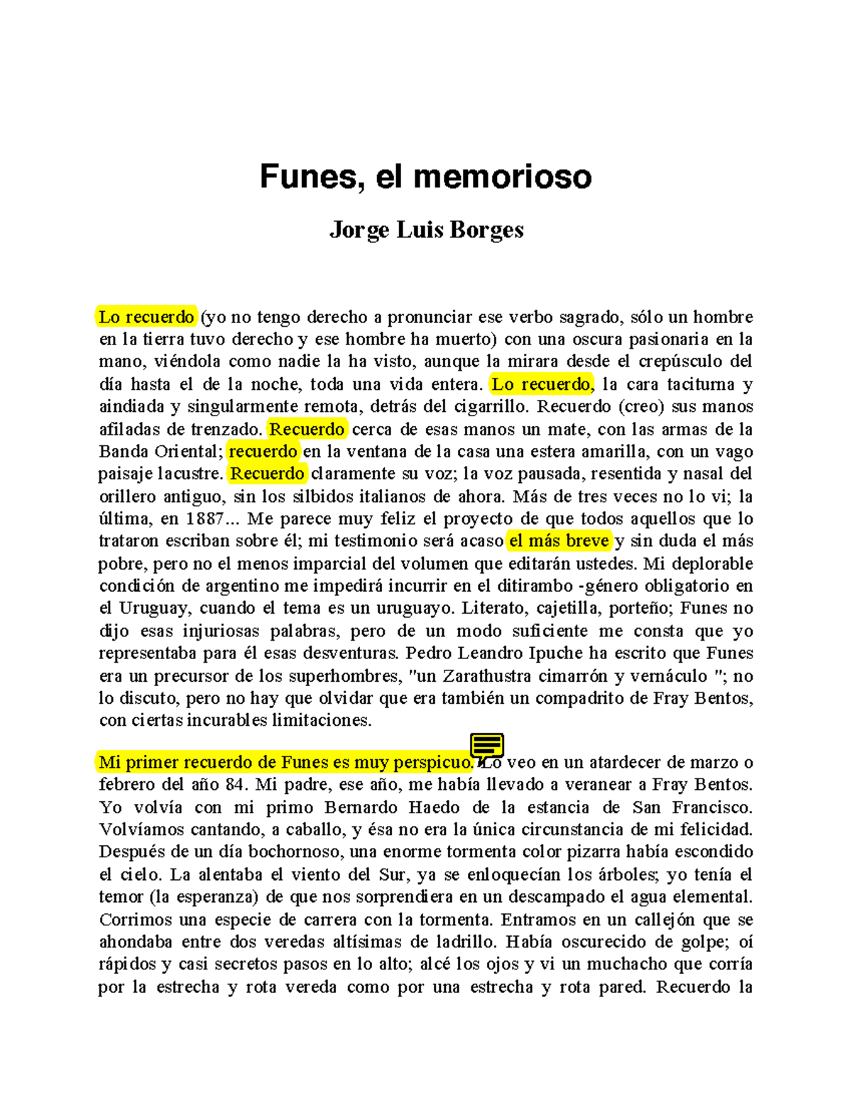 Funes el Memorioso: Análisis y Reflexiones sobre Borges - Studocu