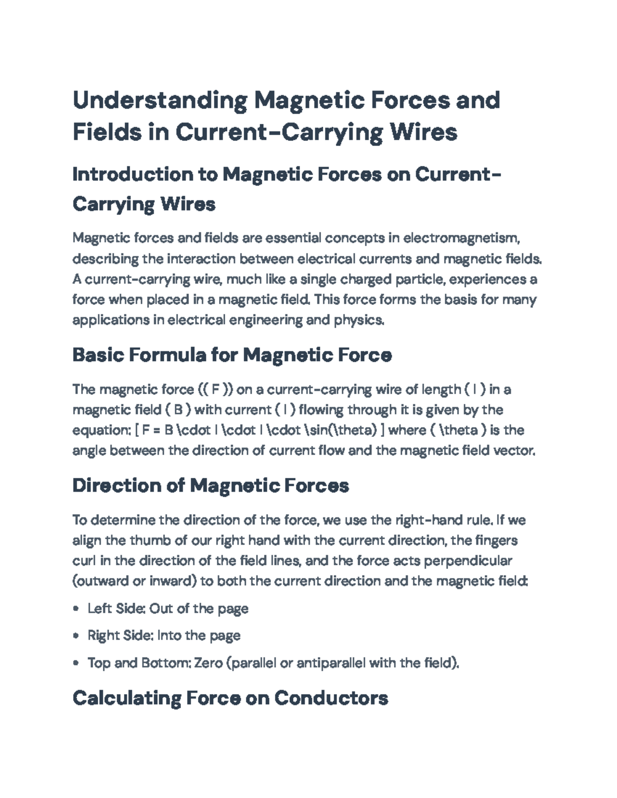 Magnetic Forces and Fields in Current-Carrying Wires: A Study Guide ...